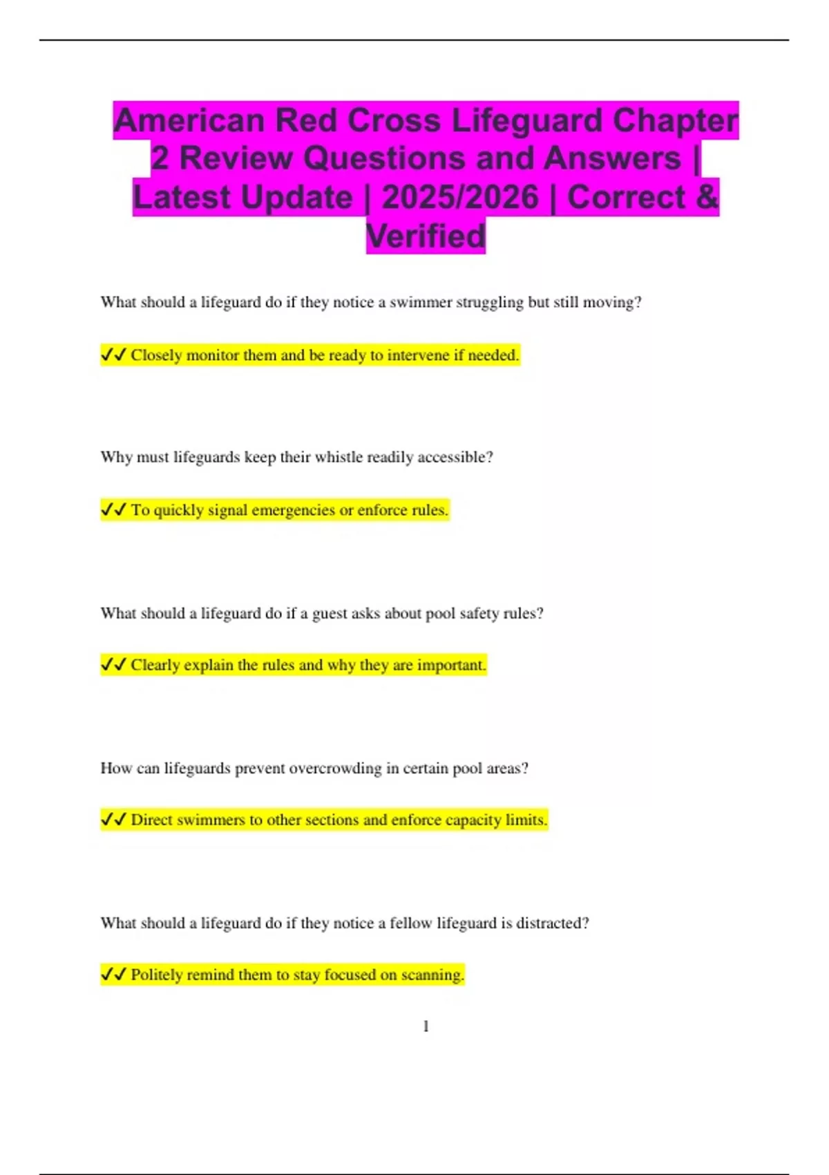 American Red Cross Lifeguard Chapter 2 Review Questions and Answers ...