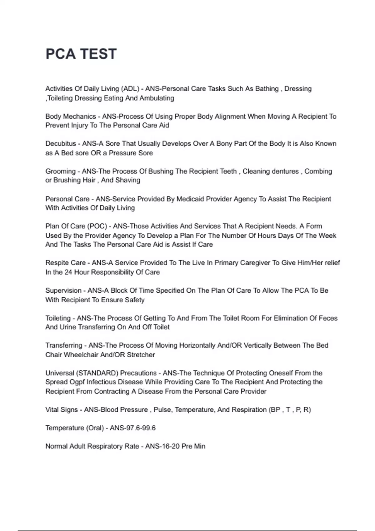 PCA TEST Questions and answers graded A+ 2025/2026 - PCA Competency ...