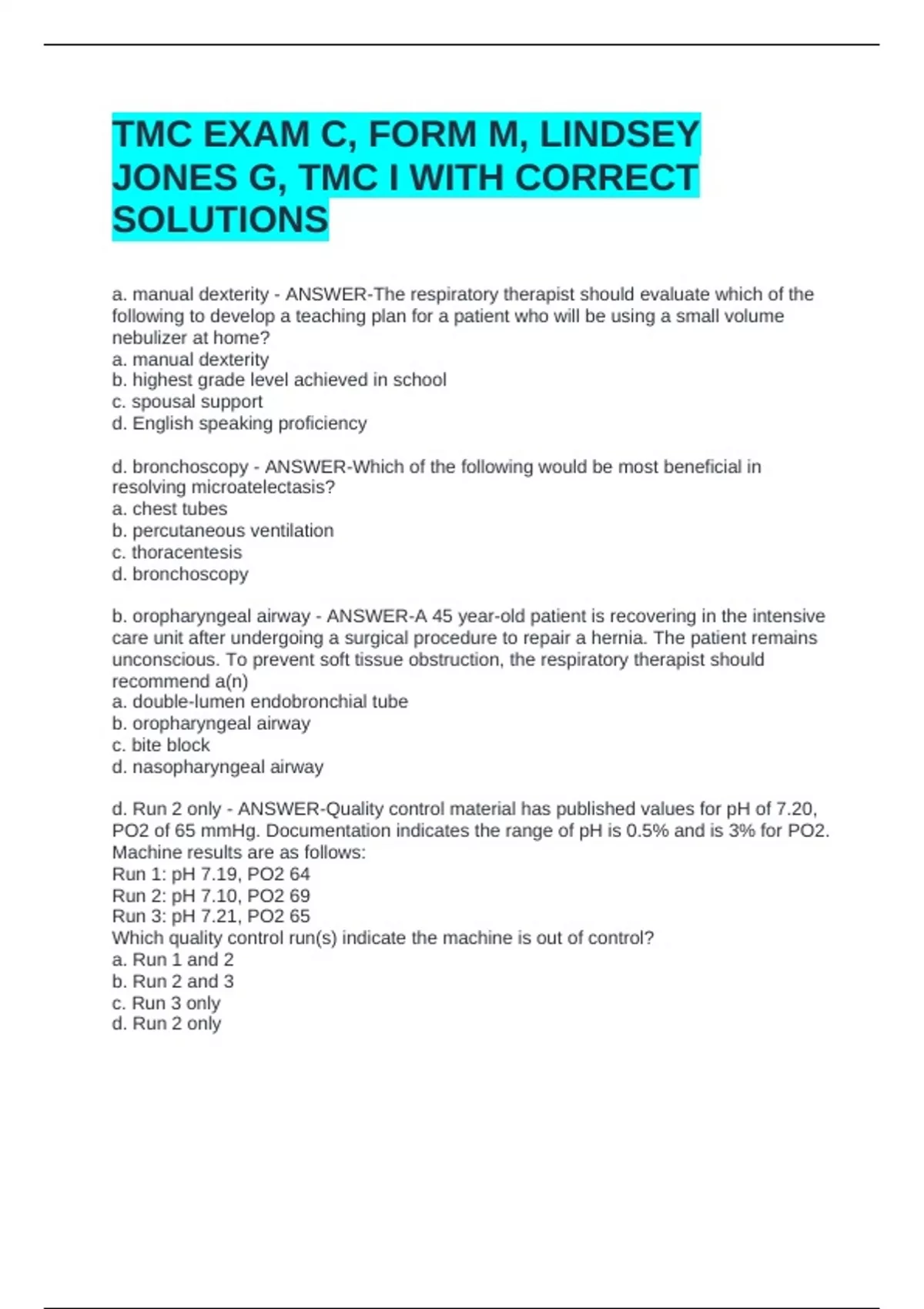 TMC EXAM C, FORM M, LINDSEY JONES G, TMC I WITH CORRECT SOLUTIONS - TMC C, FORM M, LINDSEY JONES ...