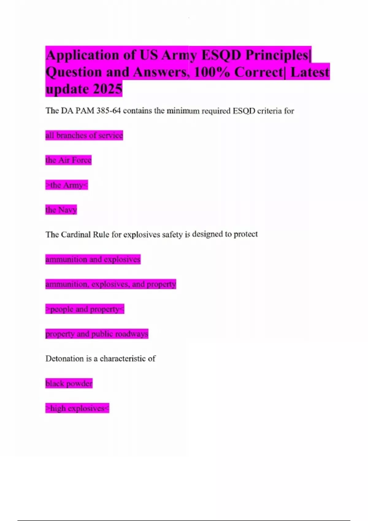 Application of US Army ESQD Principles| Question and Answers, 100% ...