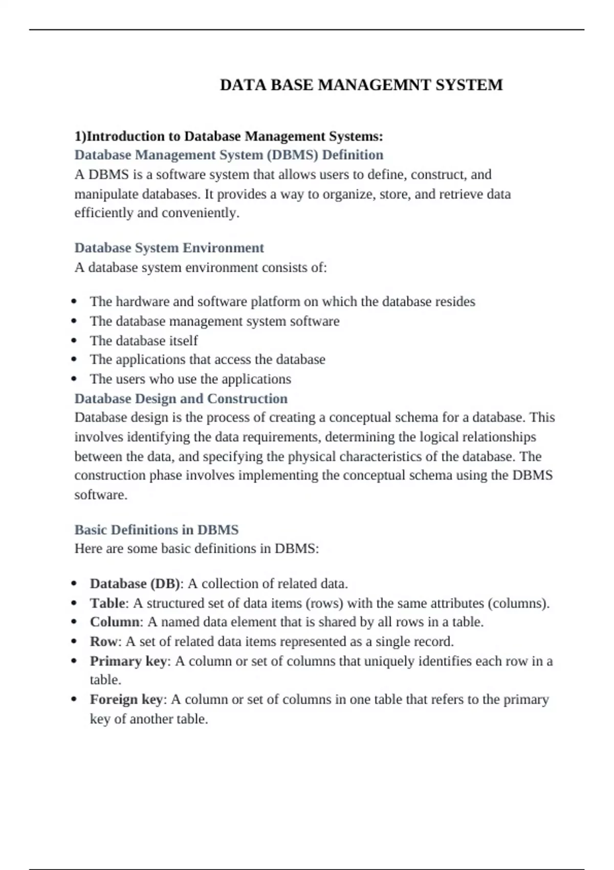 Comprehensive Guide to Database Management Systems (DBMS) - 23cse202 (23CSE202) - Stuvia US