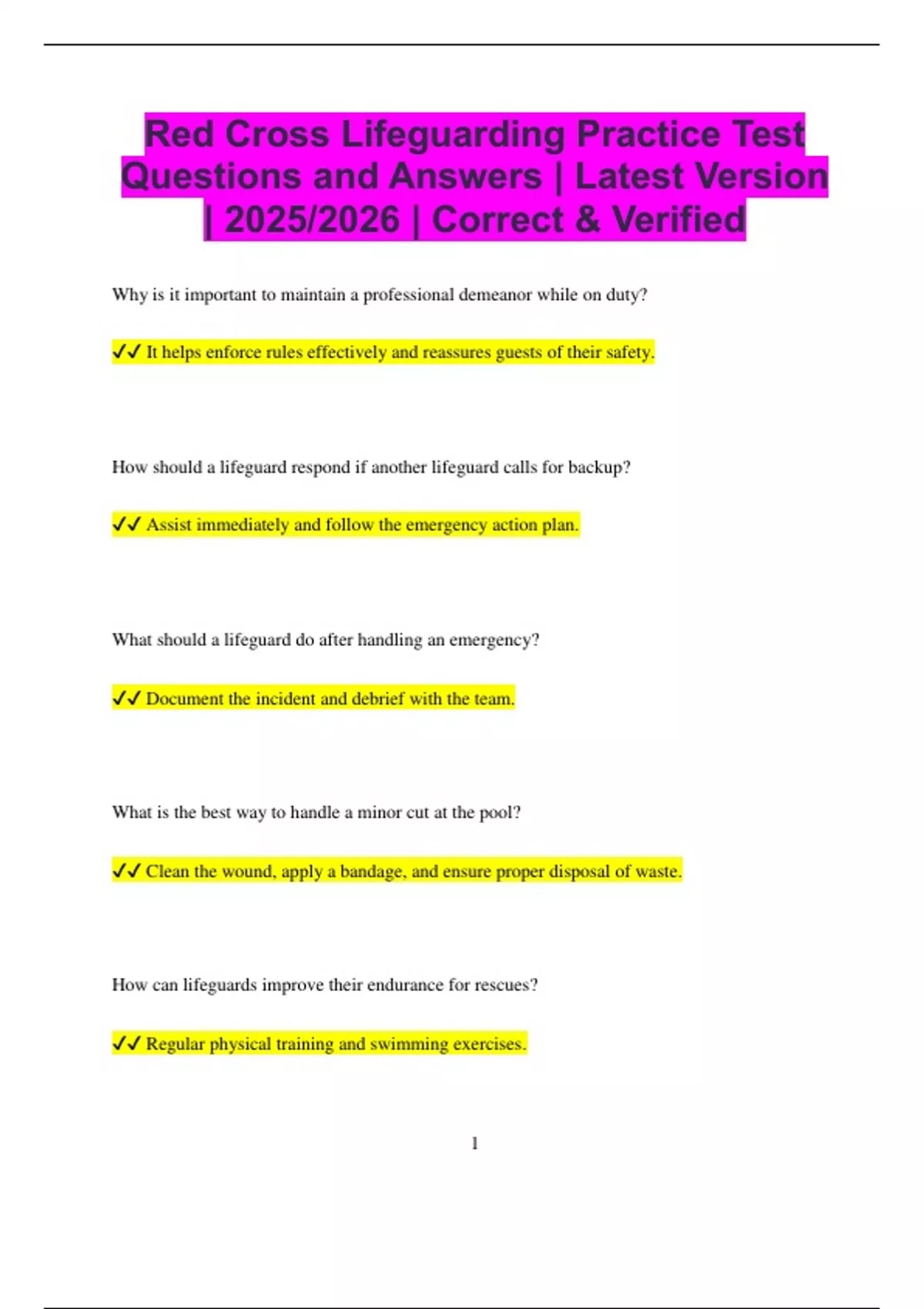 Red Cross Lifeguarding Practice Test Questions and Answers | Latest ...
