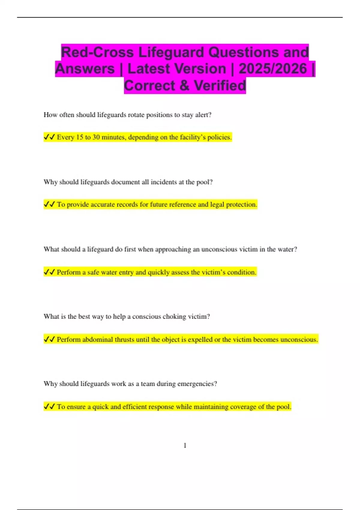 Red-Cross Lifeguard Questions and Answers | Latest Version | 2025/2026 ...