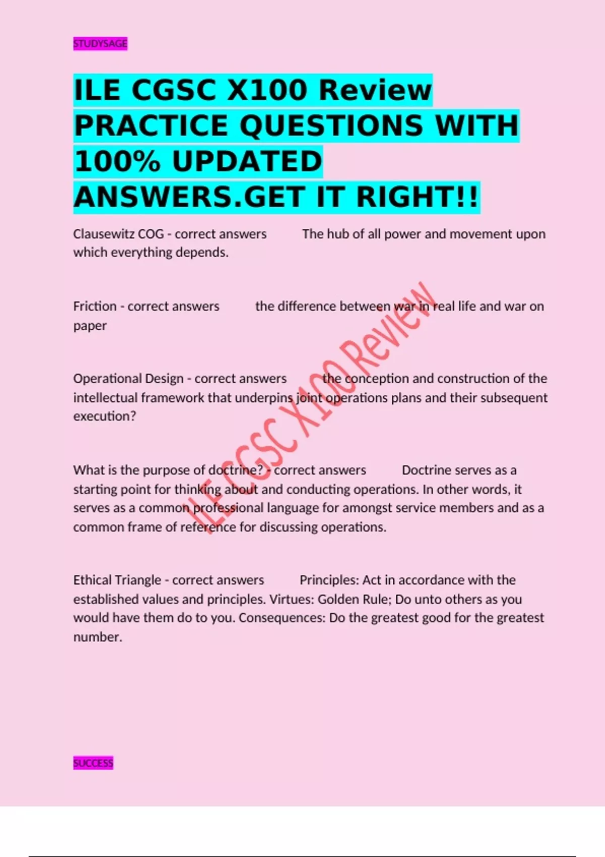 ILE CGSC X100 Review PRACTICE QUESTIONS WITH 100% UPDATED ANSWERS.GET ...