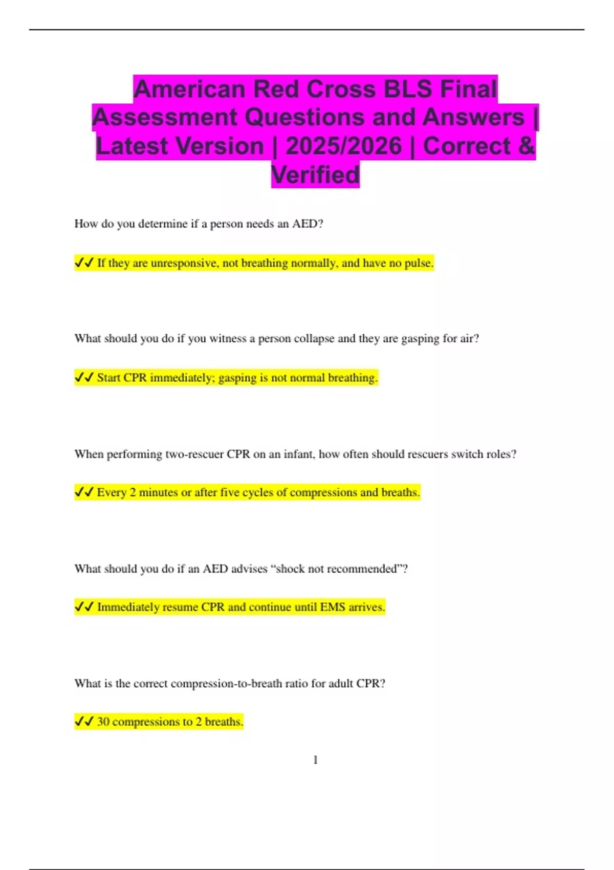 American Red Cross BLS Final Assessment Questions and Answers | Latest ...