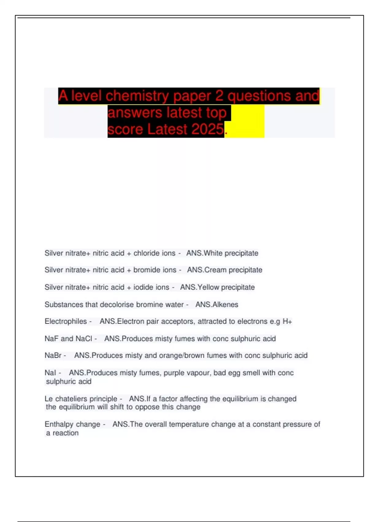 A level chemistry paper 2 questions and answers latest top score Latest ...