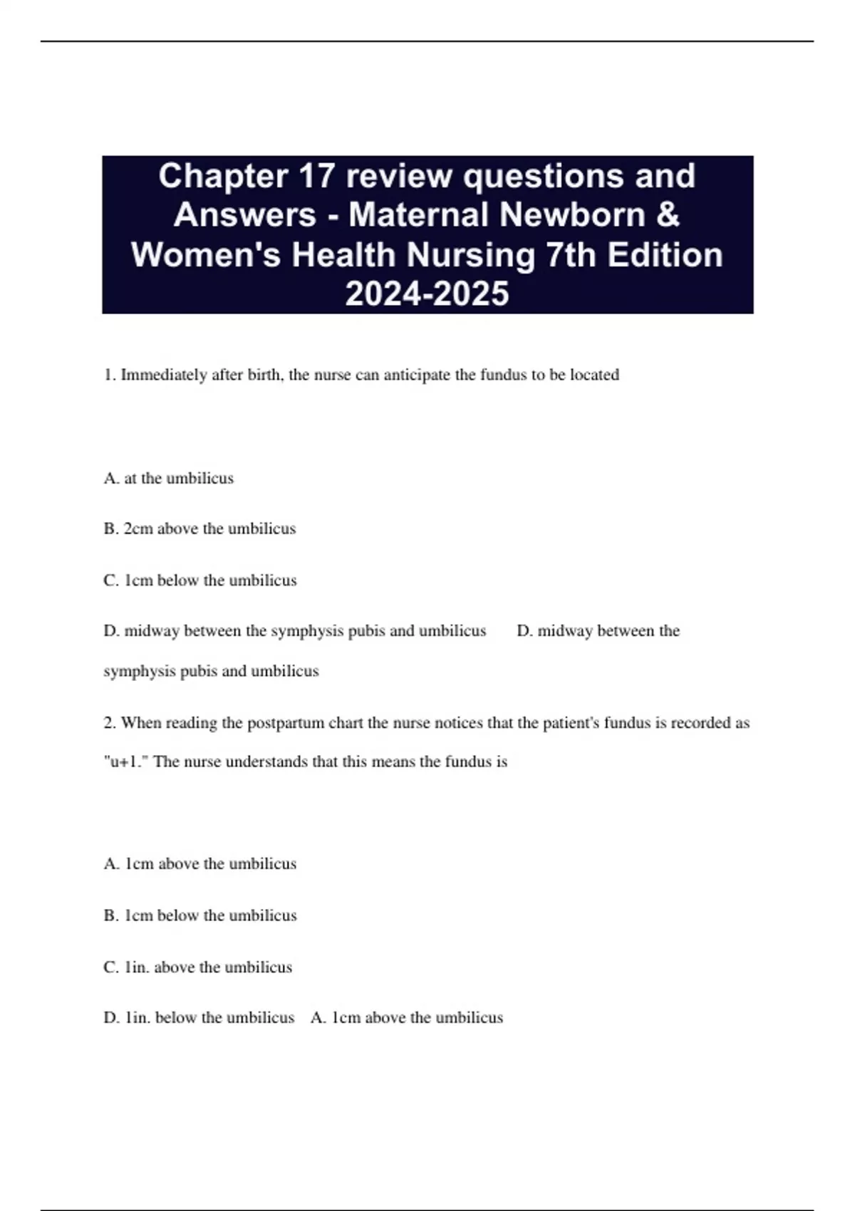 Chapter 17 review questions and Answers - Maternal Newborn & Women's ...