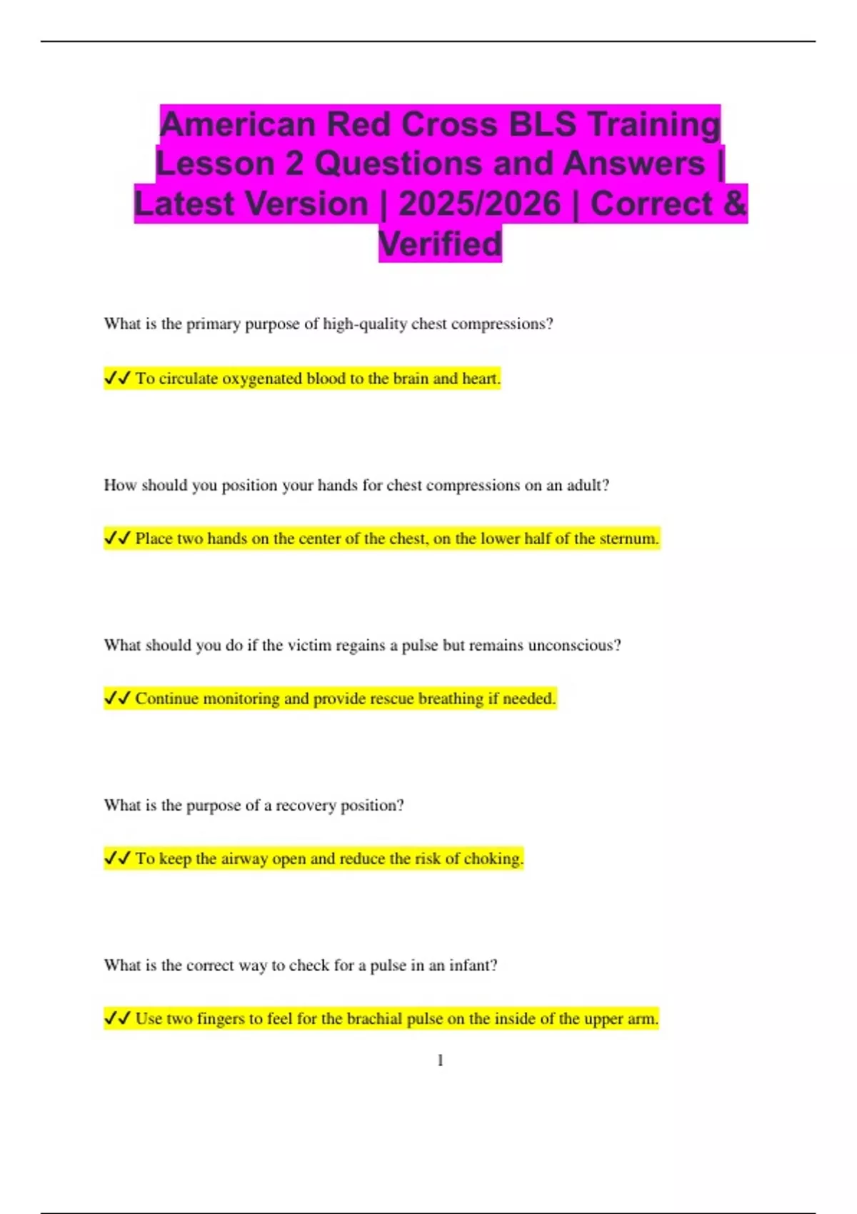 American Red Cross BLS Training Lesson 2 Questions and Answers | Latest ...