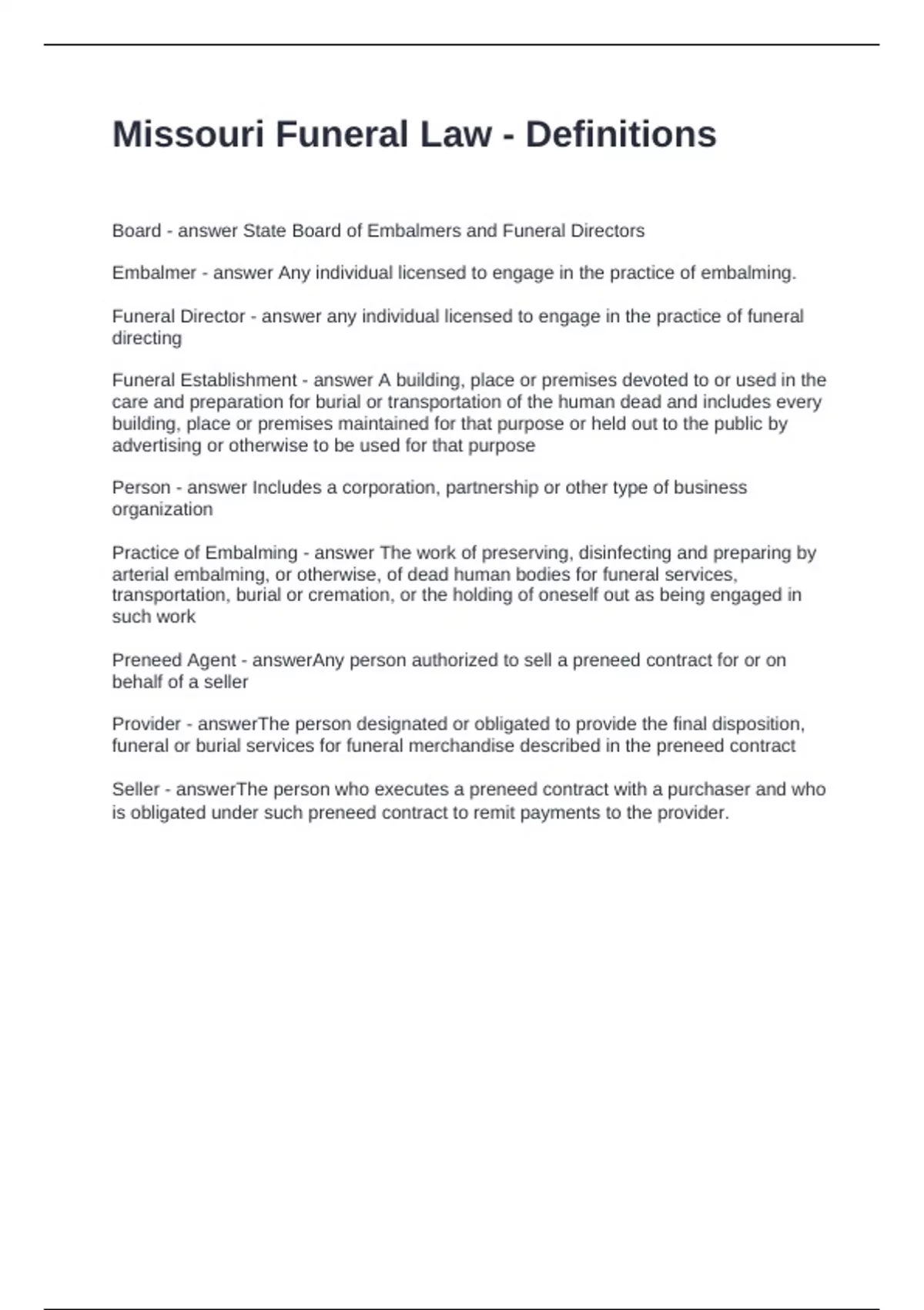 Missouri Funeral Law - Definitions Questions with Solutions - Missouri ...