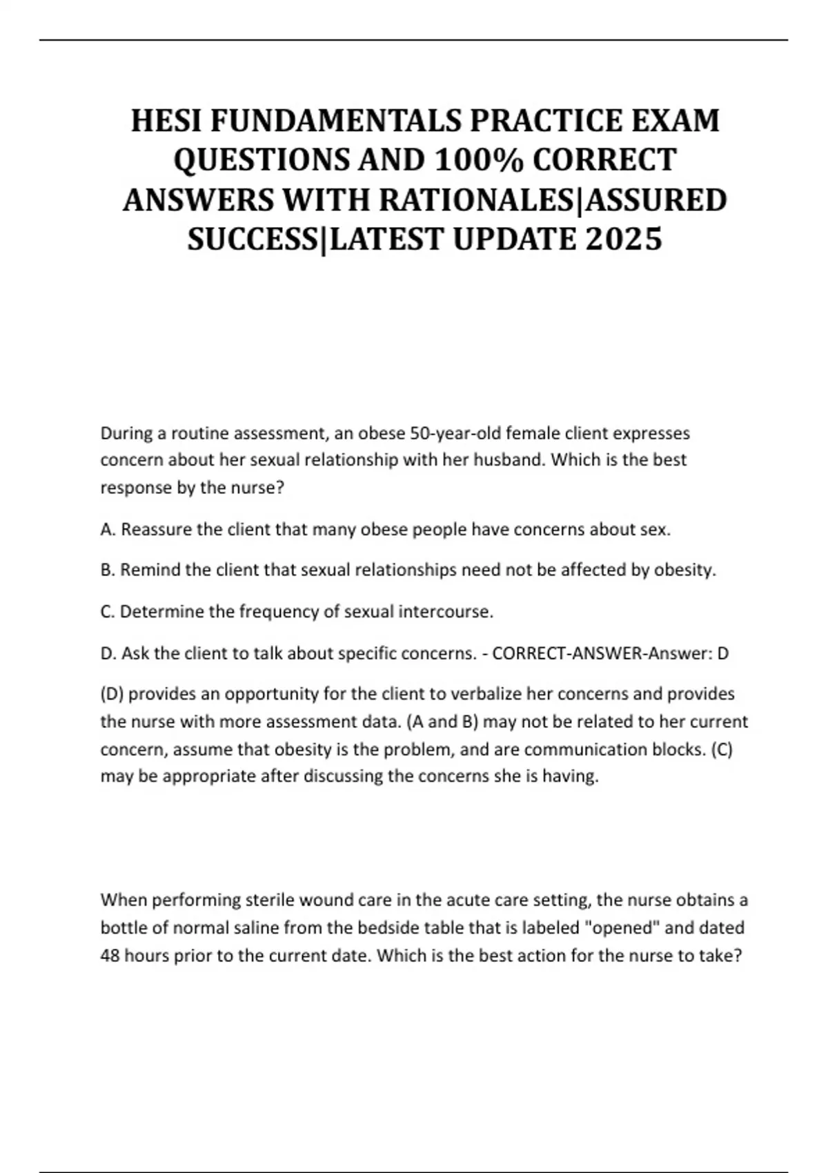 HESI FUNDAMENTALS PRACTICE EXAM QUESTIONS AND 100% CORRECT ANSWERS WITH RATIONALES|ASSURED ...