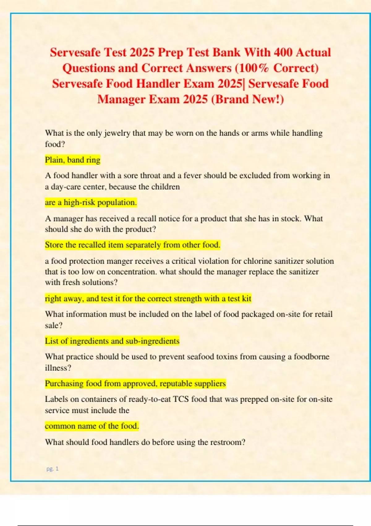 Servesafe Test 2025 Prep Test Bank With 400 Actual Questions and ...