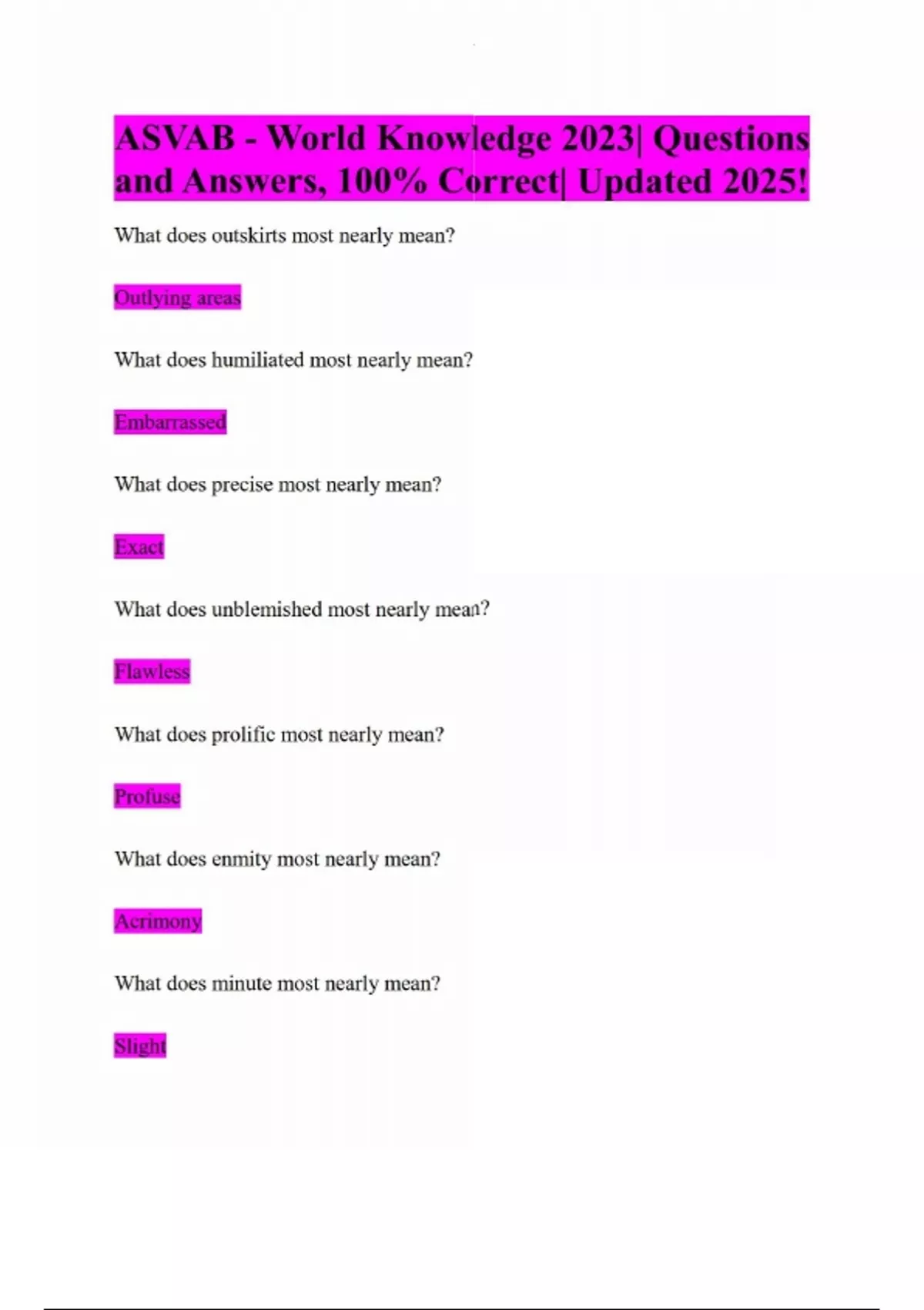 ASVAB - World Knowledge 2023| Questions and Answers, 100% Correct ...