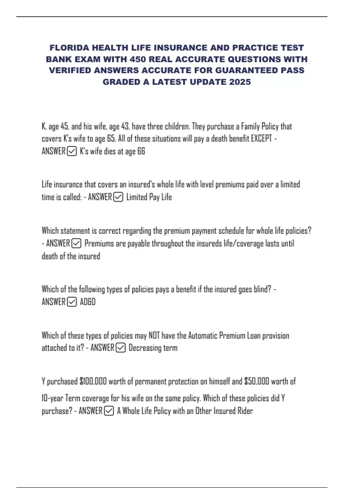 FLORIDA HEALTH LIFE INSURANCE AND PRACTICE TEST BANK EXAM WITH 450 REAL ...
