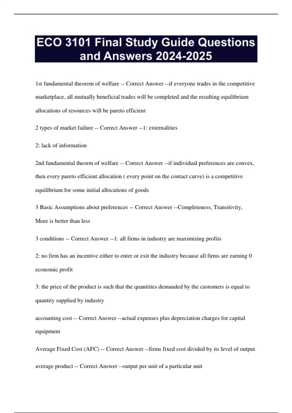 ECO 3101 Final Study Guide Questions and Answers - ECO 3101 - Stuvia US