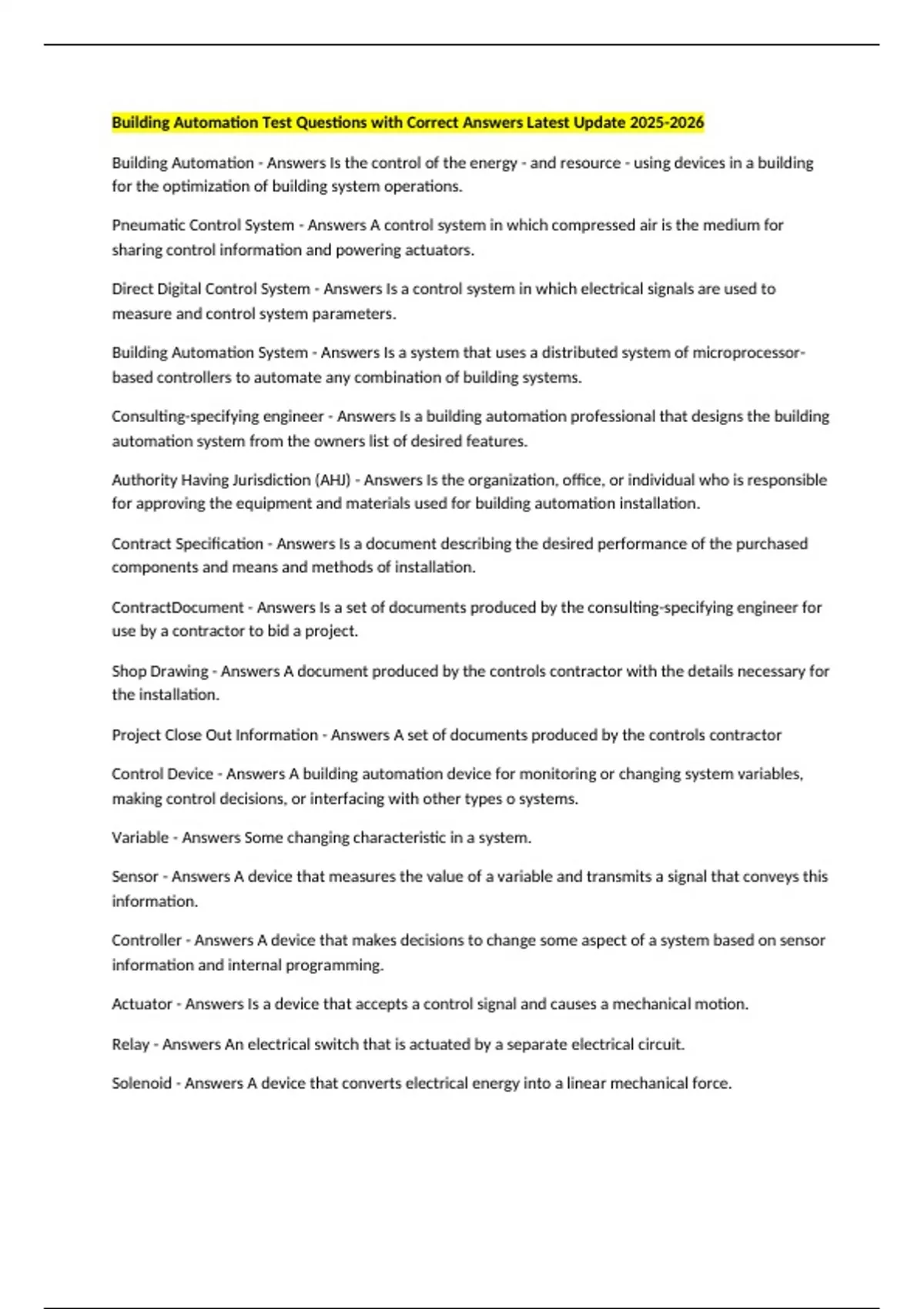 Building Automation Test Questions with Correct Answers Latest Update ...