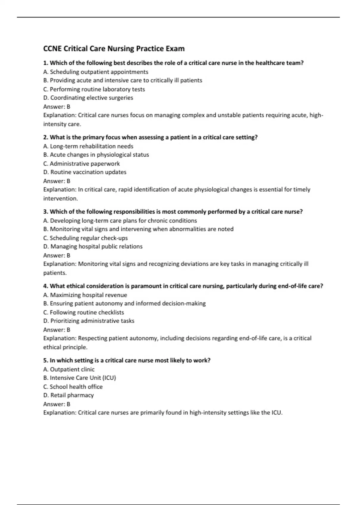 CCNE Critical Care Nursing Practice Exam - Computers - Stuvia US