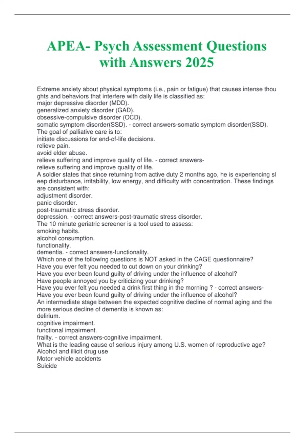 APEA- Psych Assessment Questions with Answers 2025 - APEA PRE-PREDICTOR ...