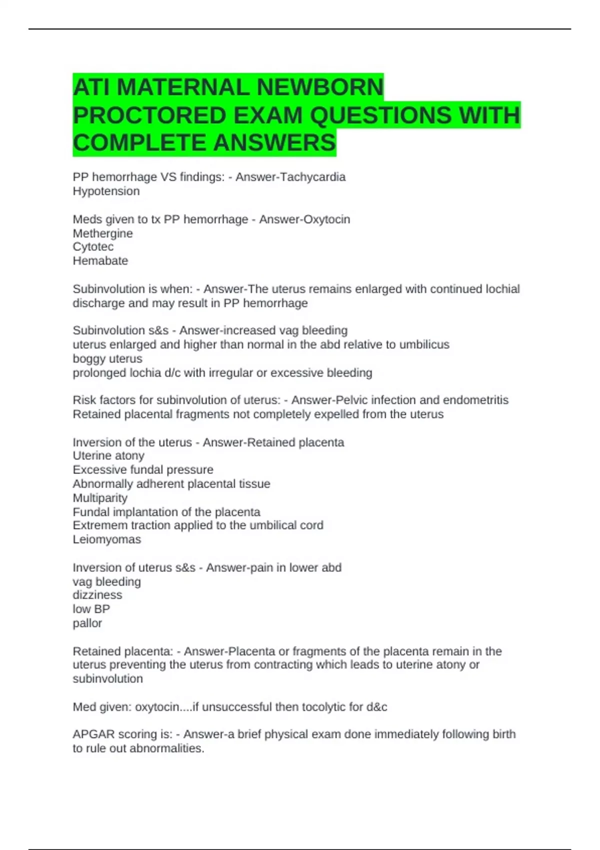 ATI MATERNAL NEWBORN PROCTORED EXAM QUESTIONS WITH COMPLETE ANSWERS ...