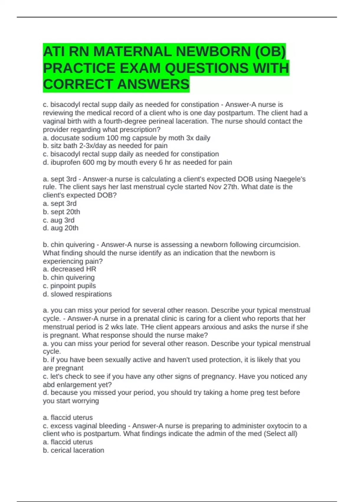 ATI RN MATERNAL NEWBORN (OB) PRACTICE EXAM QUESTIONS WITH CORRECT ...