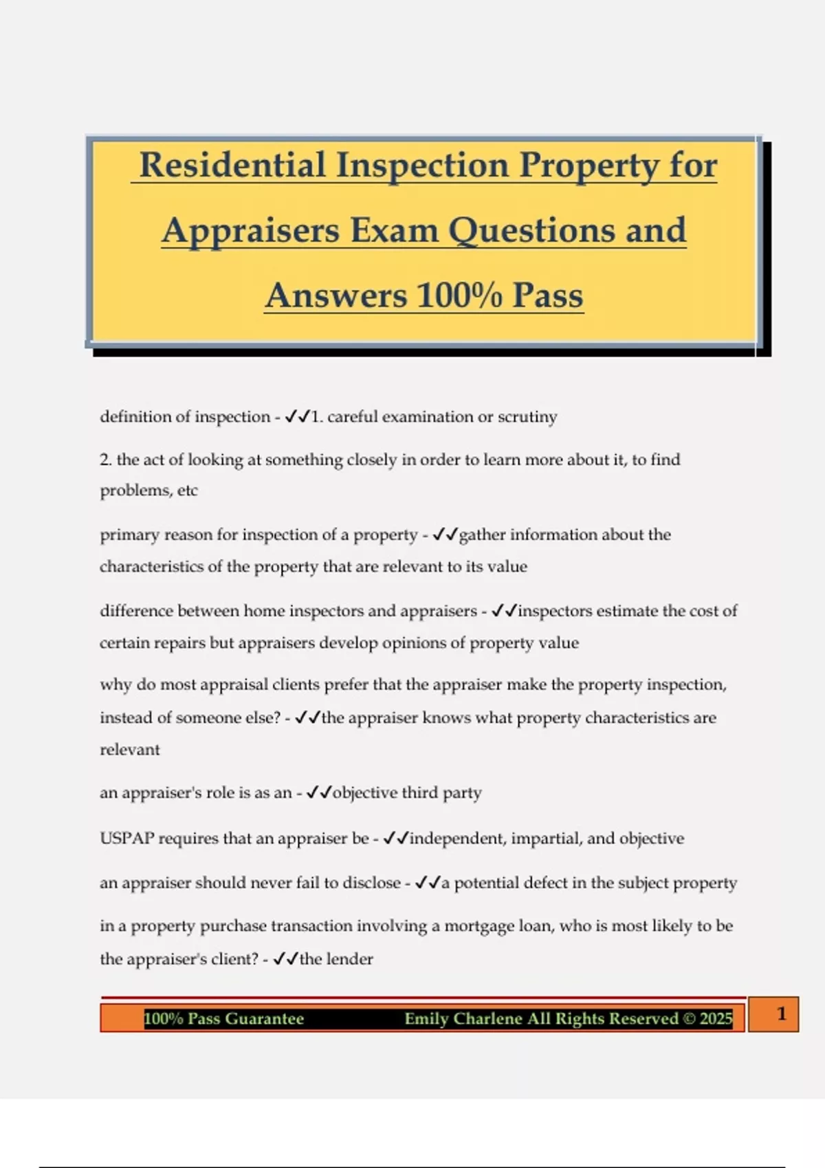 Residential Inspection Property for Appraisers Exam Questions and ...