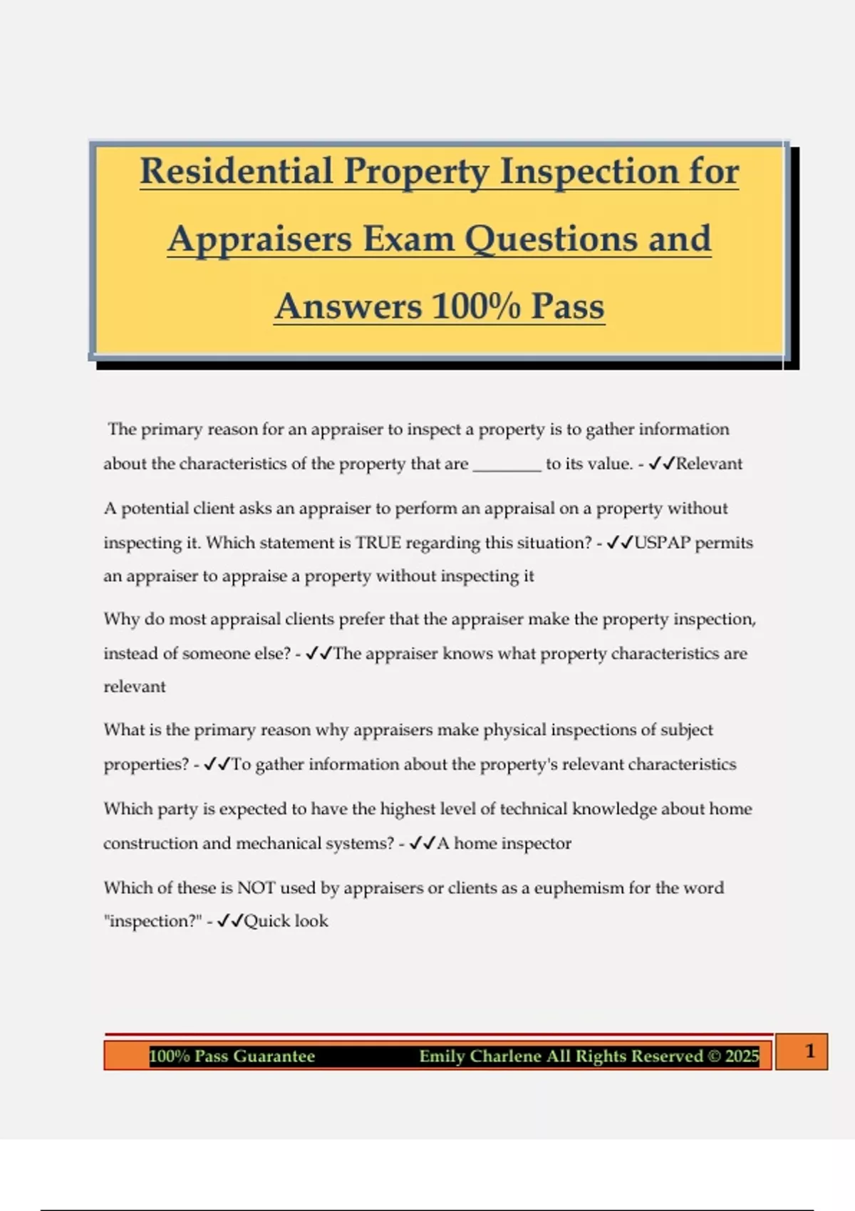 Residential Property Inspection for Appraisers Exam Questions and ...