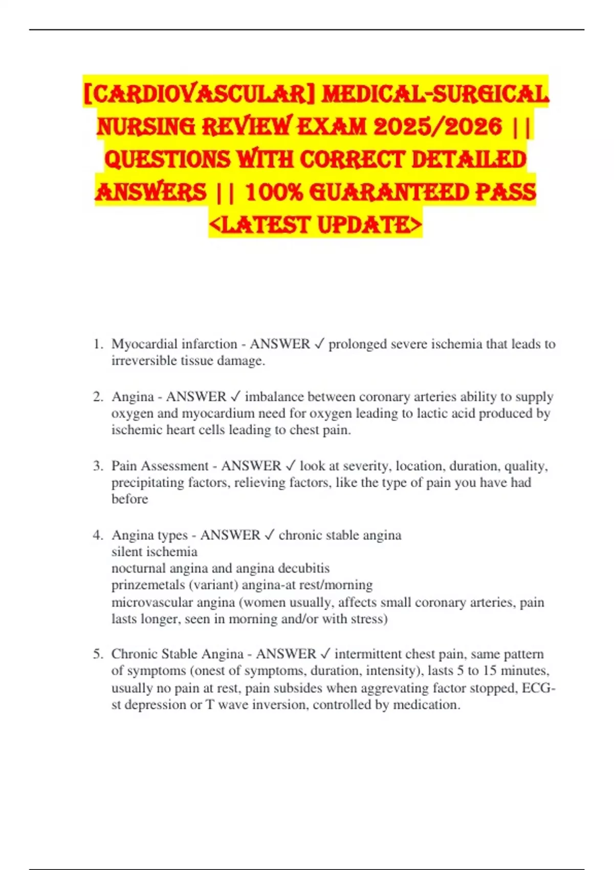 [Cardiovascular] Medical-Surgical Nursing Review EXAM 2025/2026 ...
