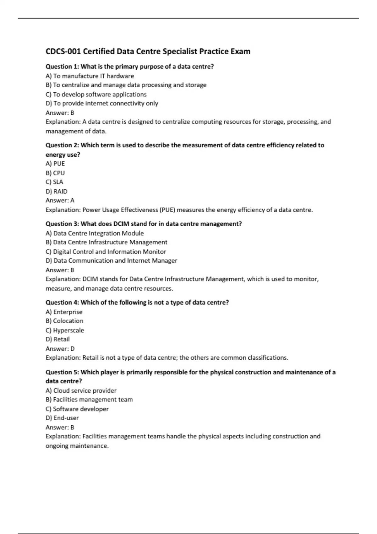 CDCS-001 Certified Data Centre Specialist Practice Exam - Computers - Stuvia US