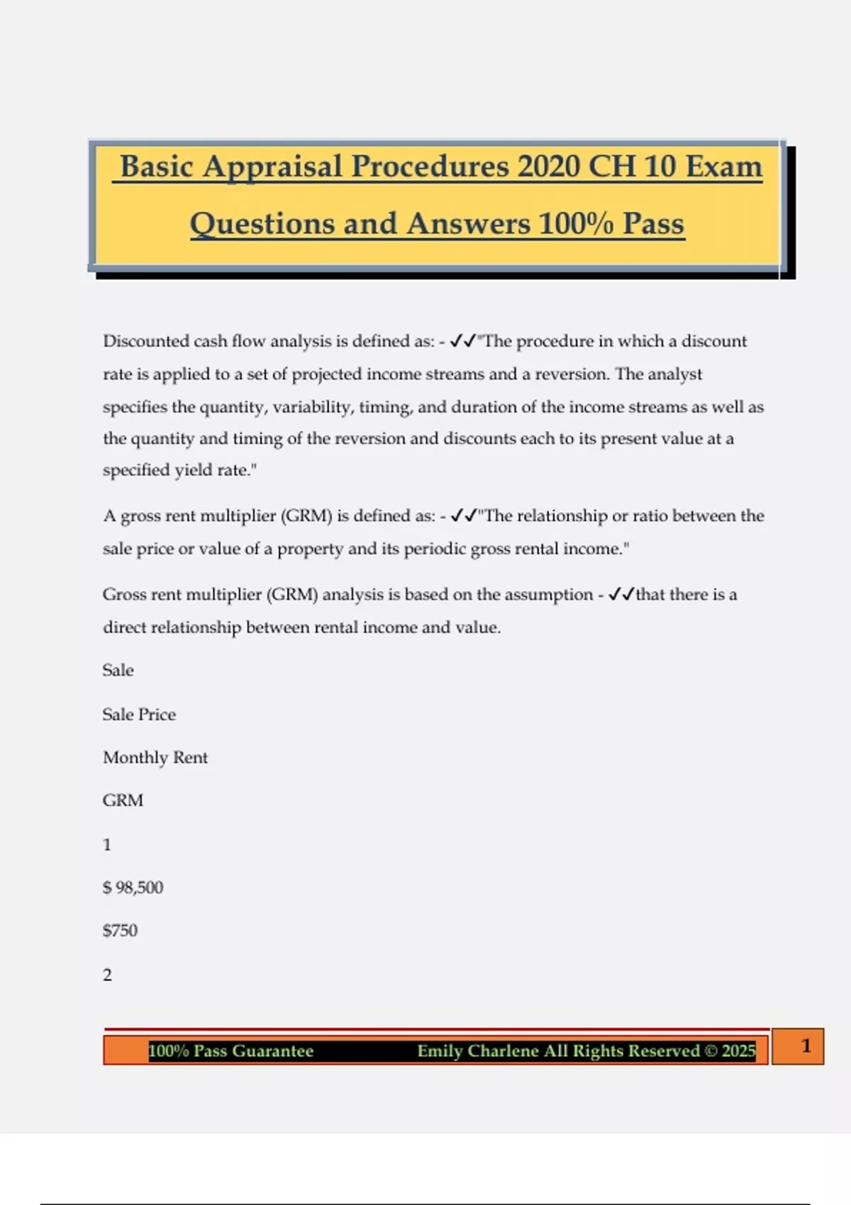 Basic Appraisal Procedures 2020 CH 10 Exam Questions and Answers 100% ...