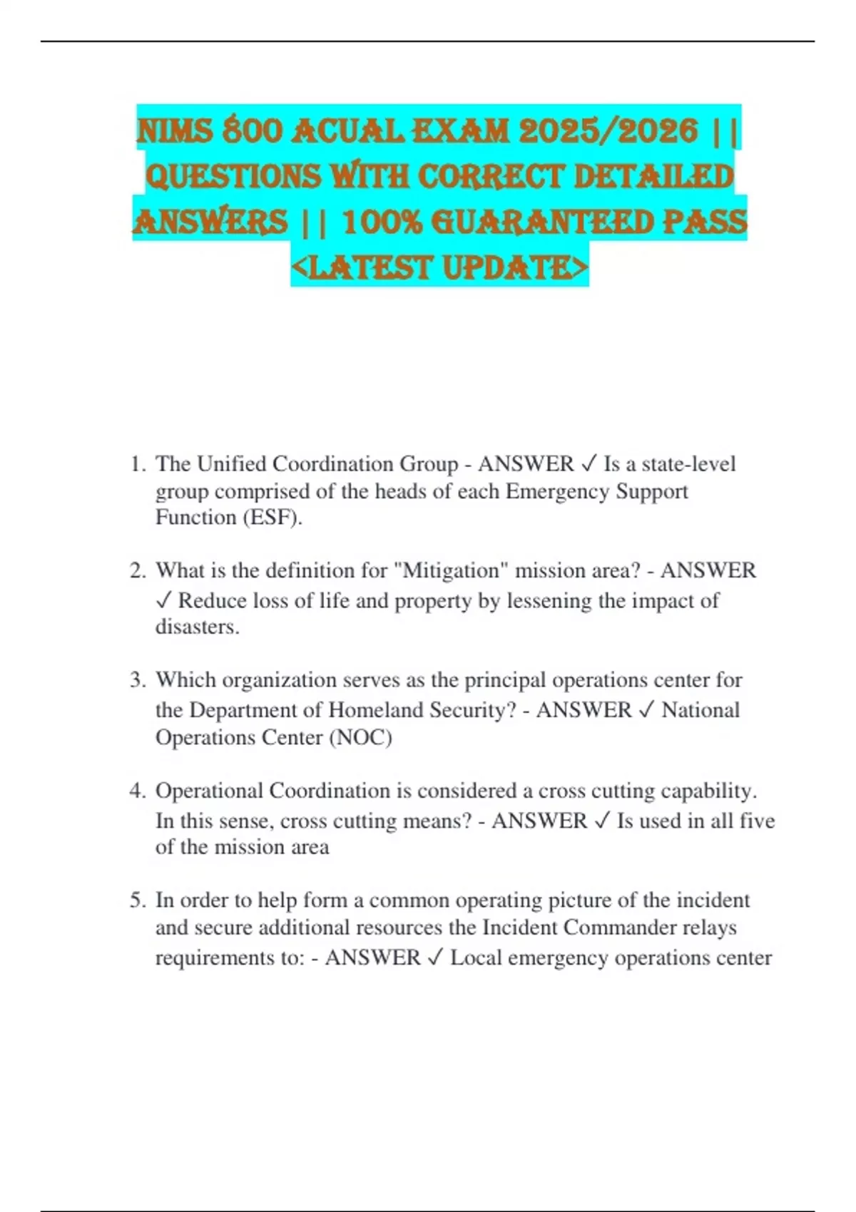 NIMS 800 ACUAL EXAM 2025/2026 || QUESTIONS WITH CORRECT DETAILED ...