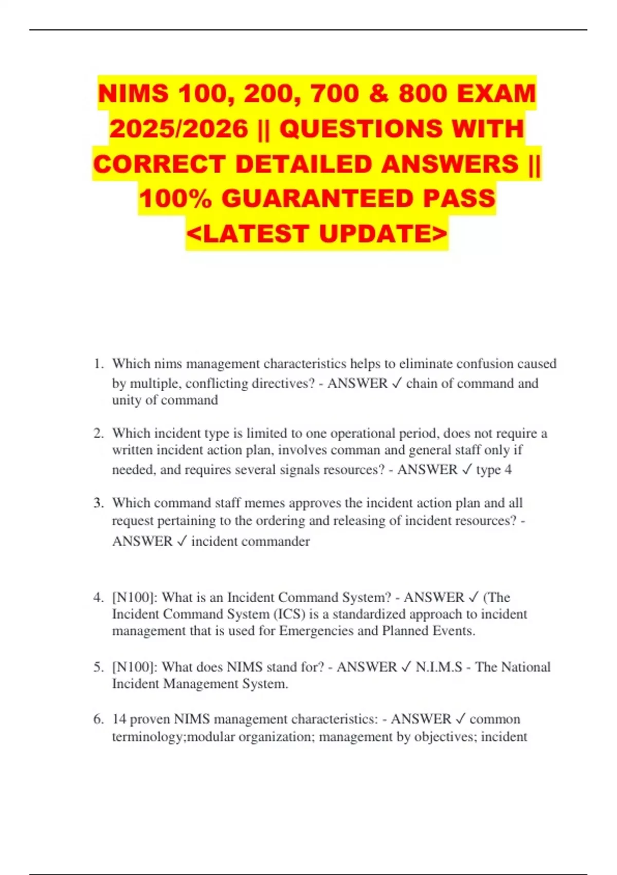 NIMS 100, 200, 700 & 800 EXAM 2025/2026 || QUESTIONS WITH CORRECT ...