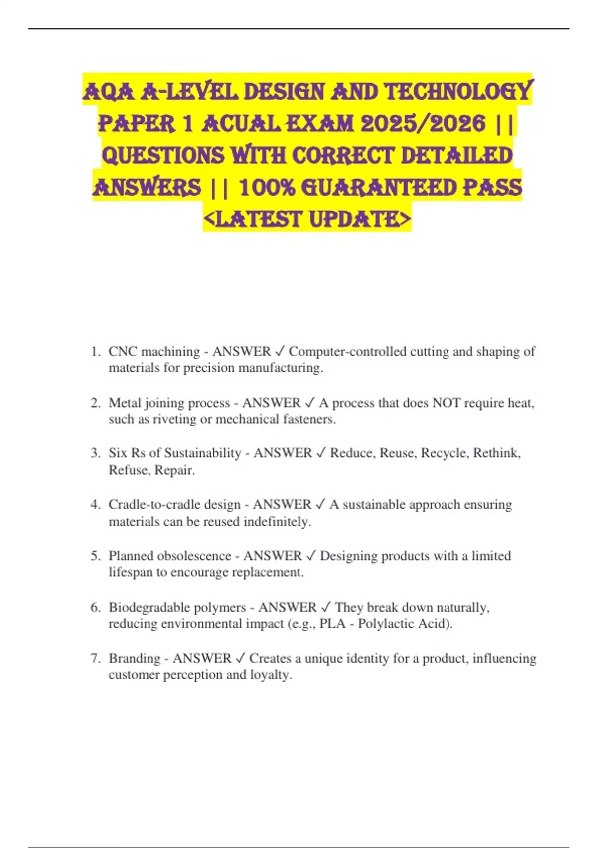 AQA A-level DESIGN AND TECHNOLOGY PAPER 1 ACTUAL EXAM 2025/2026 ...