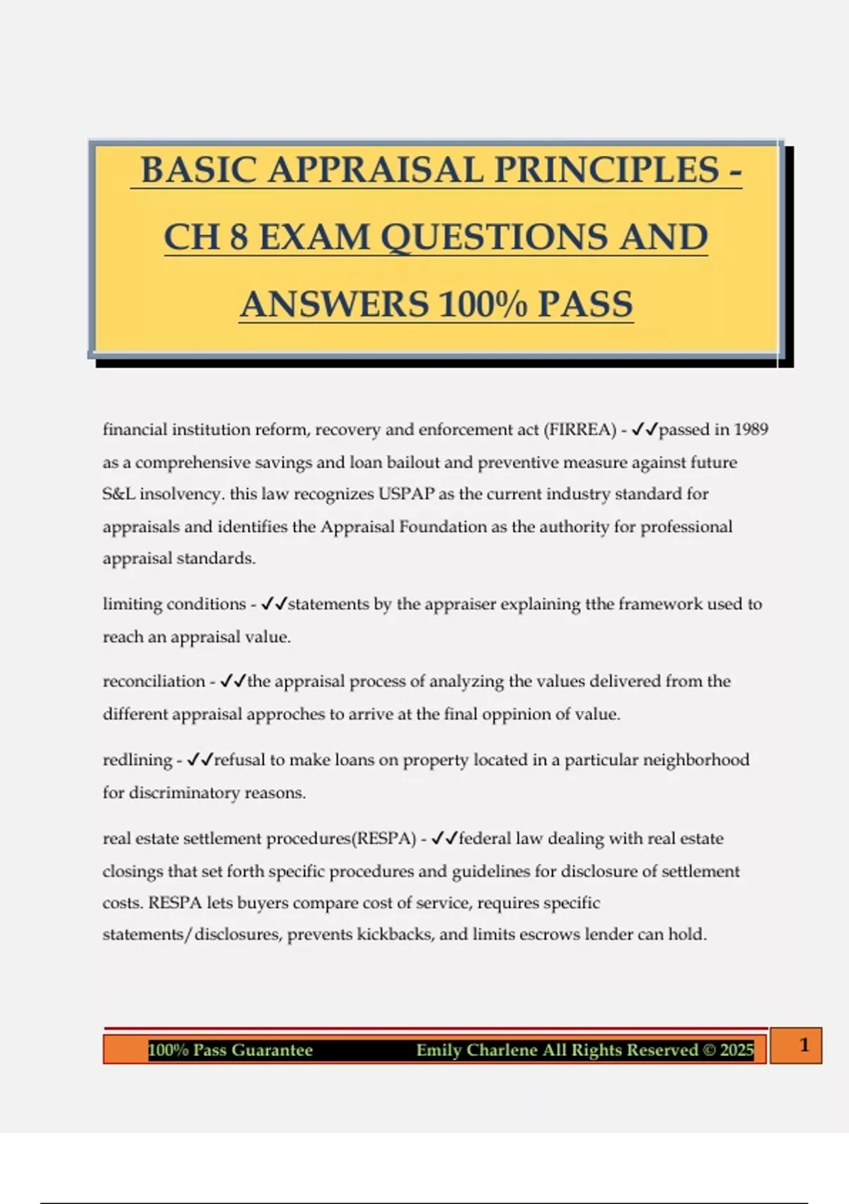 BASIC APPRAISAL PRINCIPLES - CH 8 EXAM QUESTIONS AND ANSWERS 100% PASS ...