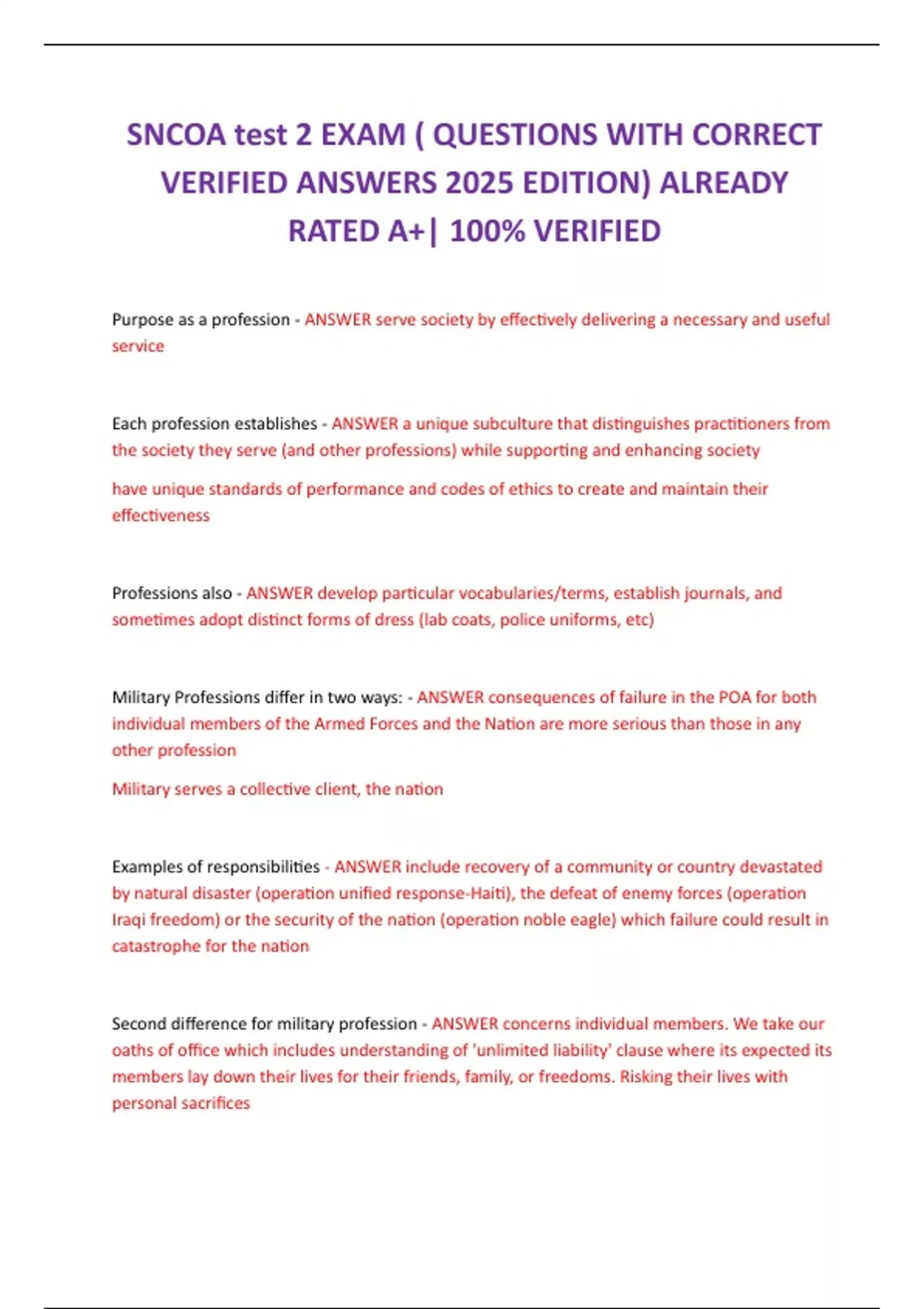 SNCOA test 2 EXAM ( QUESTIONS WITH CORRECT VERIFIED ANSWERS 2025 ...