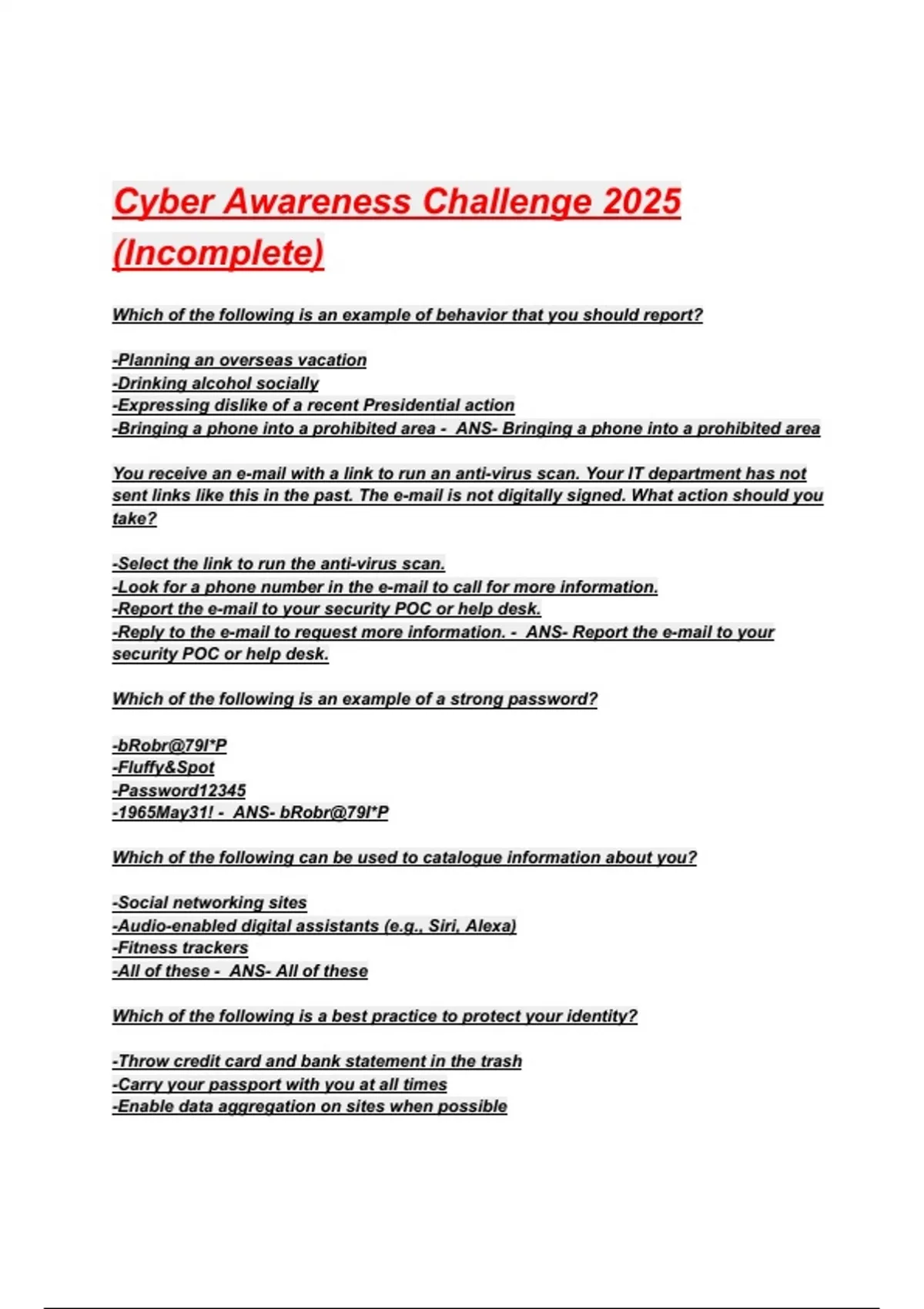 Cyber Awareness Challenge 2025 (Incomplete) Exam Questions with correct ...