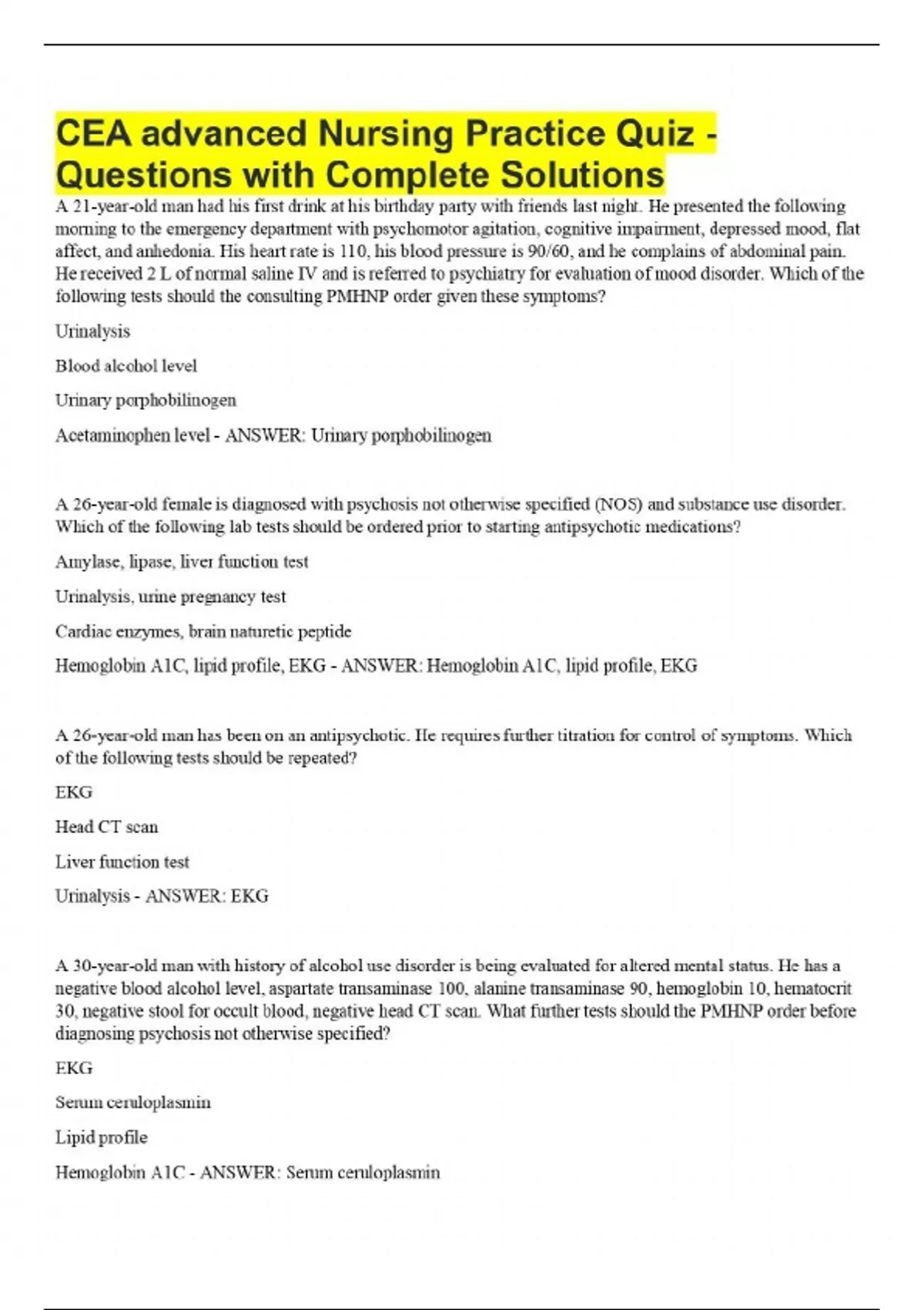 CEA advanced Nursing Practice Quiz - Questions with Complete Solutions ...