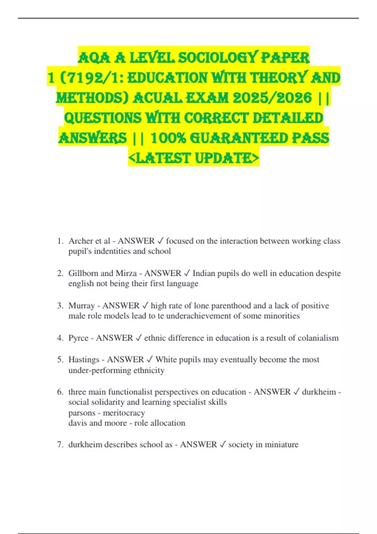 AQA A LEVEL SOCIOLOGY PAPER 1 (7192/1: Education With Theory And Methods) ACTUAL EXAM 2025/2026 ...