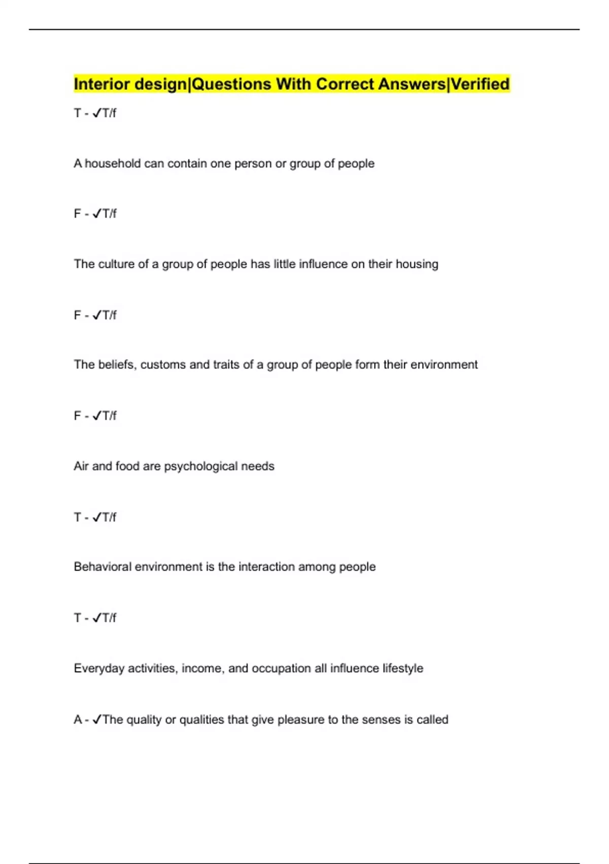 Interior design|Questions With Correct Answers|Verified - Interior ...