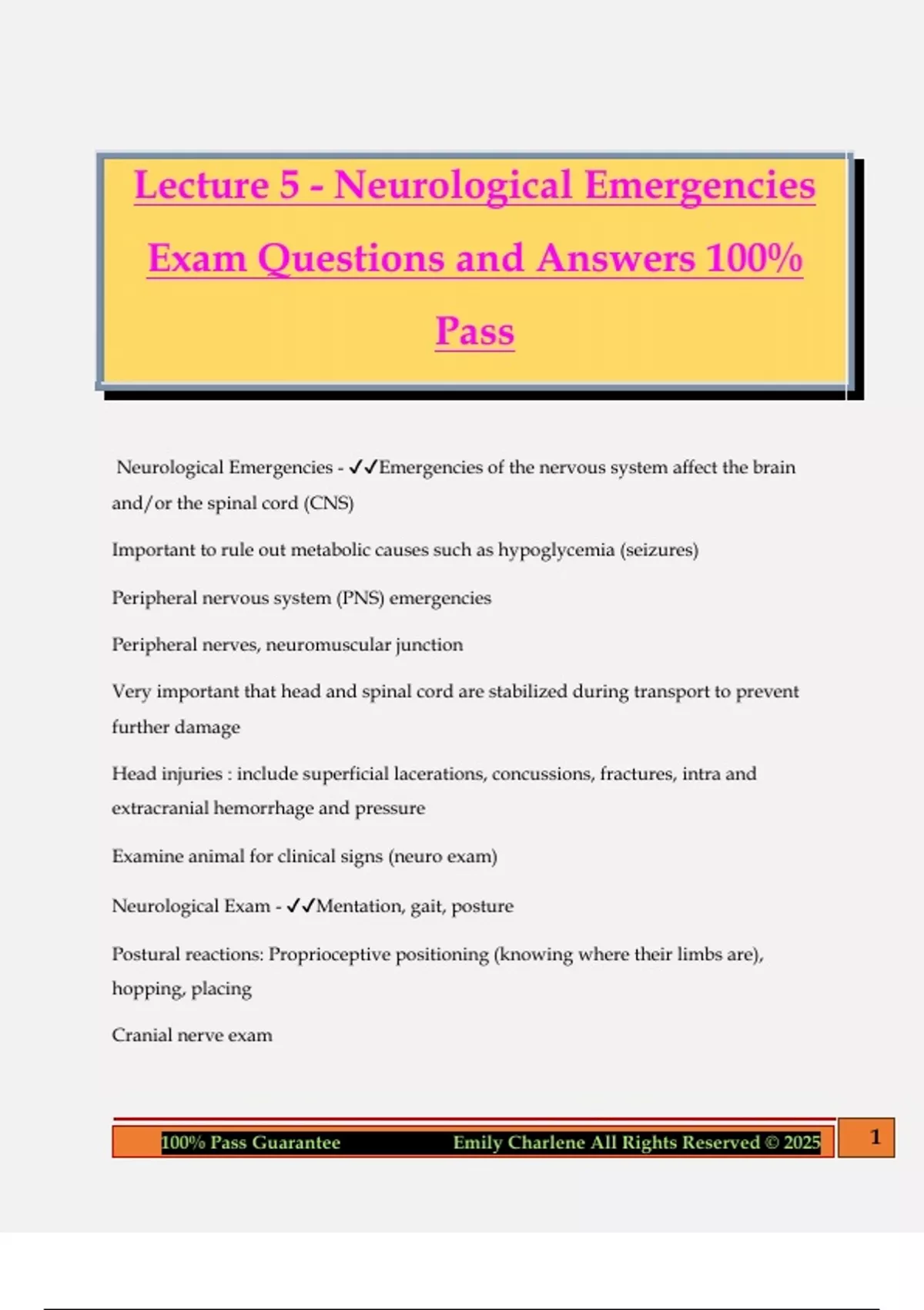 Lecture 5 - Neurological Emergencies Exam Questions and Answers 100% ...