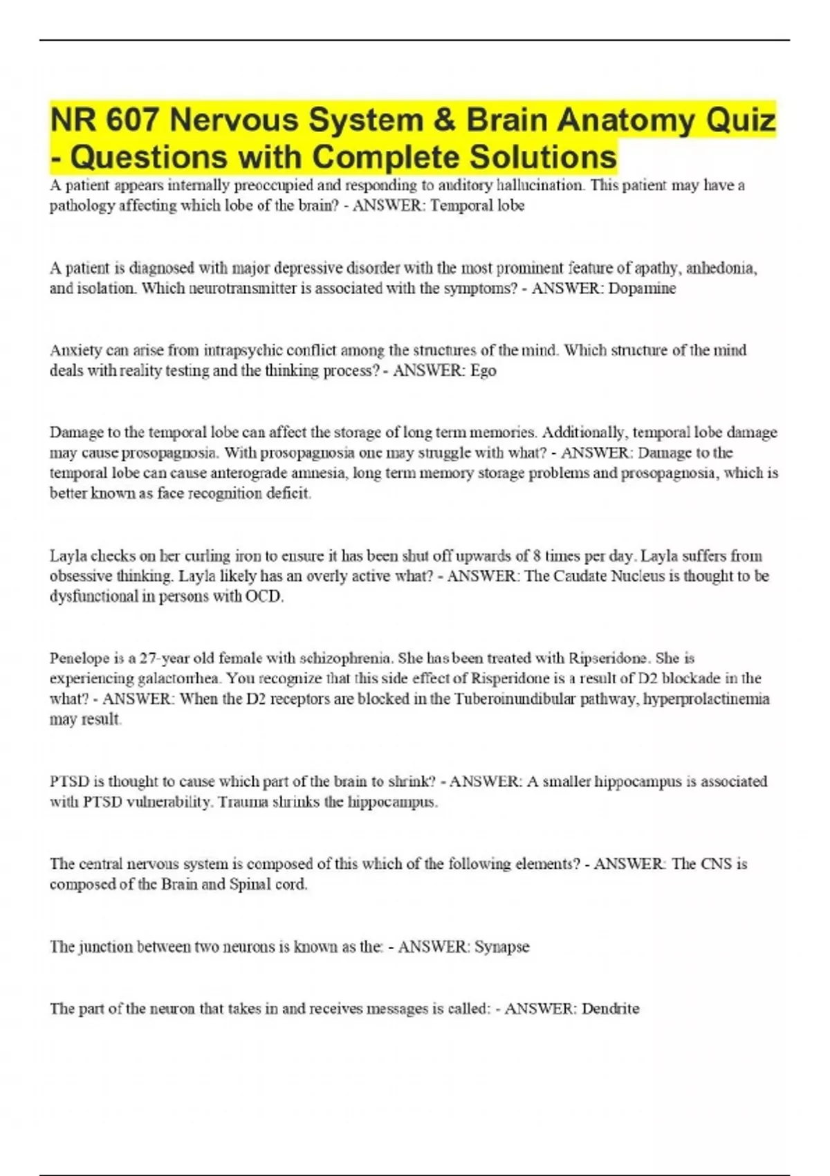 NR 607 Nervous System & Brain Anatomy Quiz - Questions with Complete ...