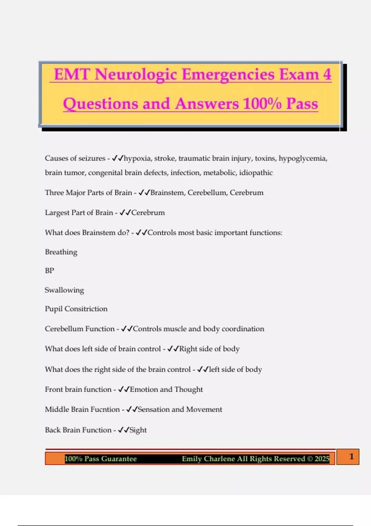 EMT Neurologic Emergencies Exam 4 Questions and Answers 100% Pass ...