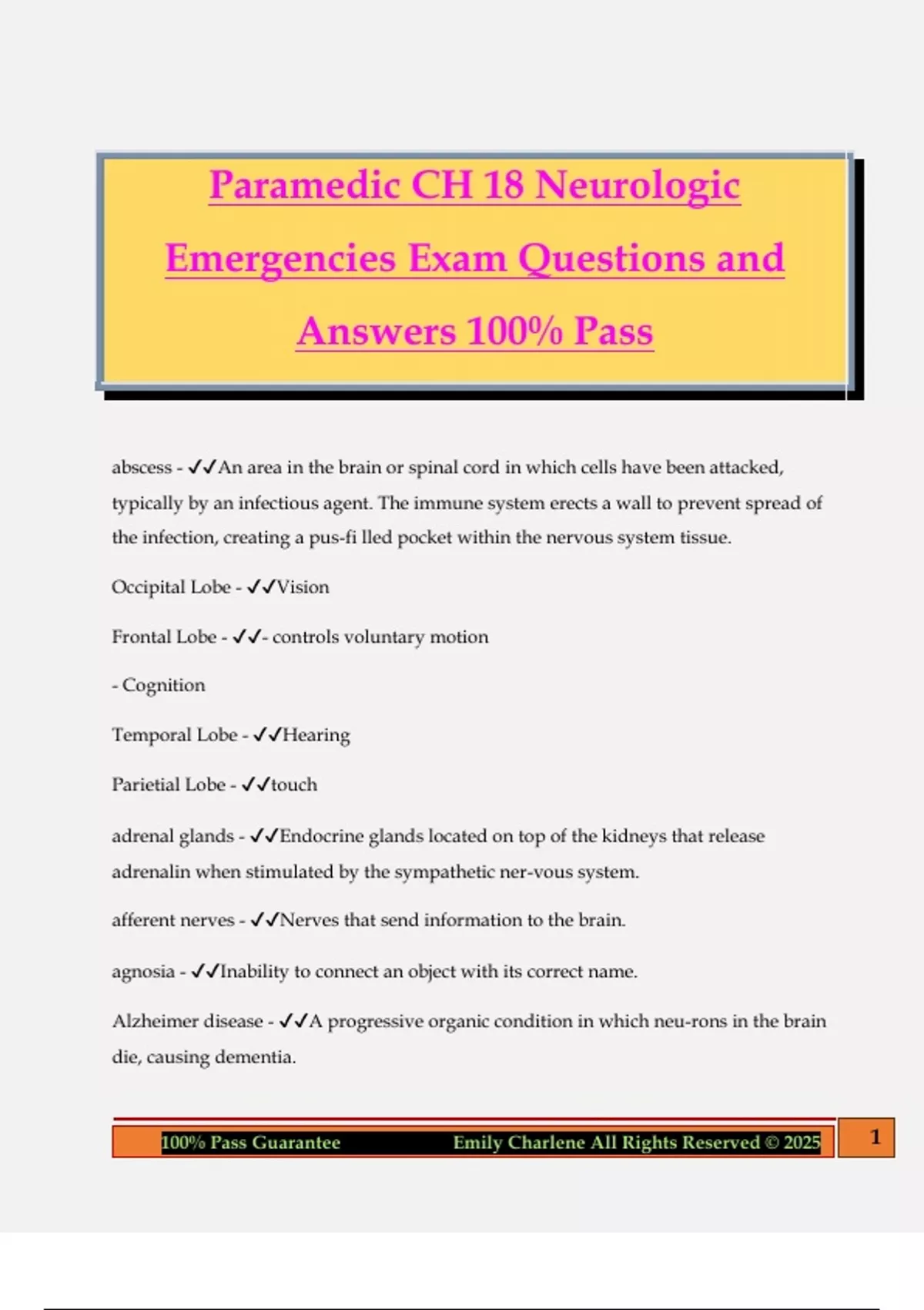 Paramedic CH 18 Neurologic Emergencies Exam Questions and Answers 100% Pass - Neurological ...