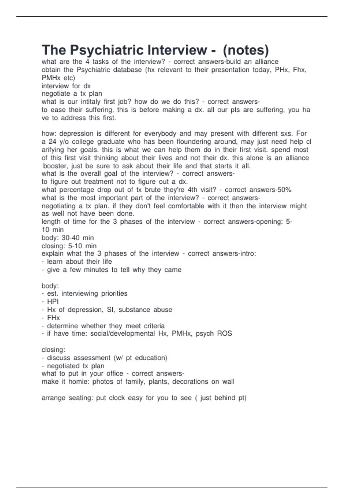 The Psychiatric Interview - (notes) - The Psychiatric Intervie- - Stuvia US