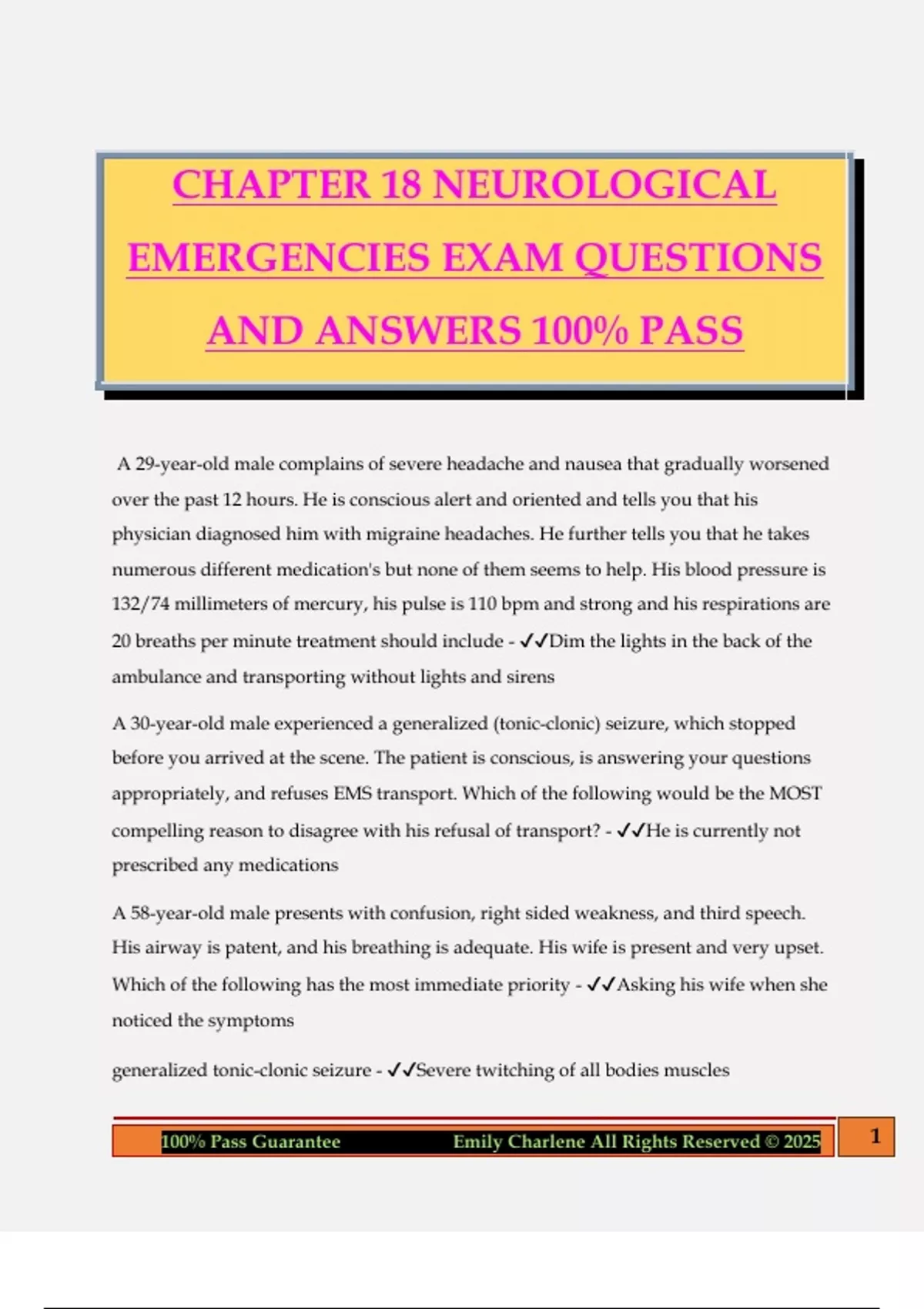 CHAPTER 18 NEUROLOGICAL EMERGENCIES EXAM QUESTIONS AND ANSWERS 100% ...