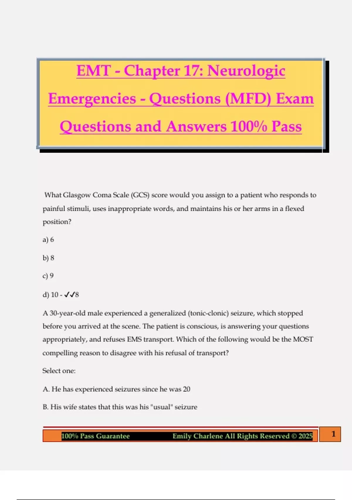 EMT - Chapter 17: Neurologic Emergencies - Questions (MFD) Exam ...