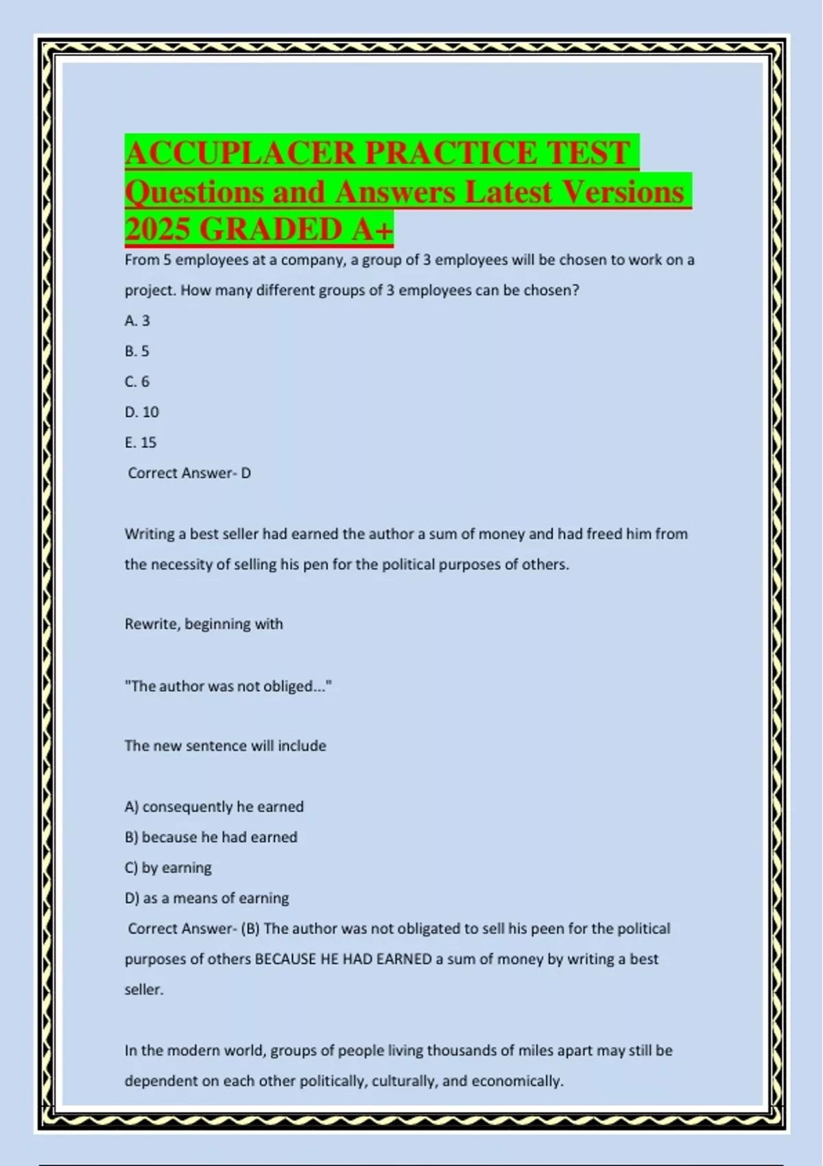 ACCUPLACER PRACTICE TEST Questions and Answers Latest Versions 2025 ...