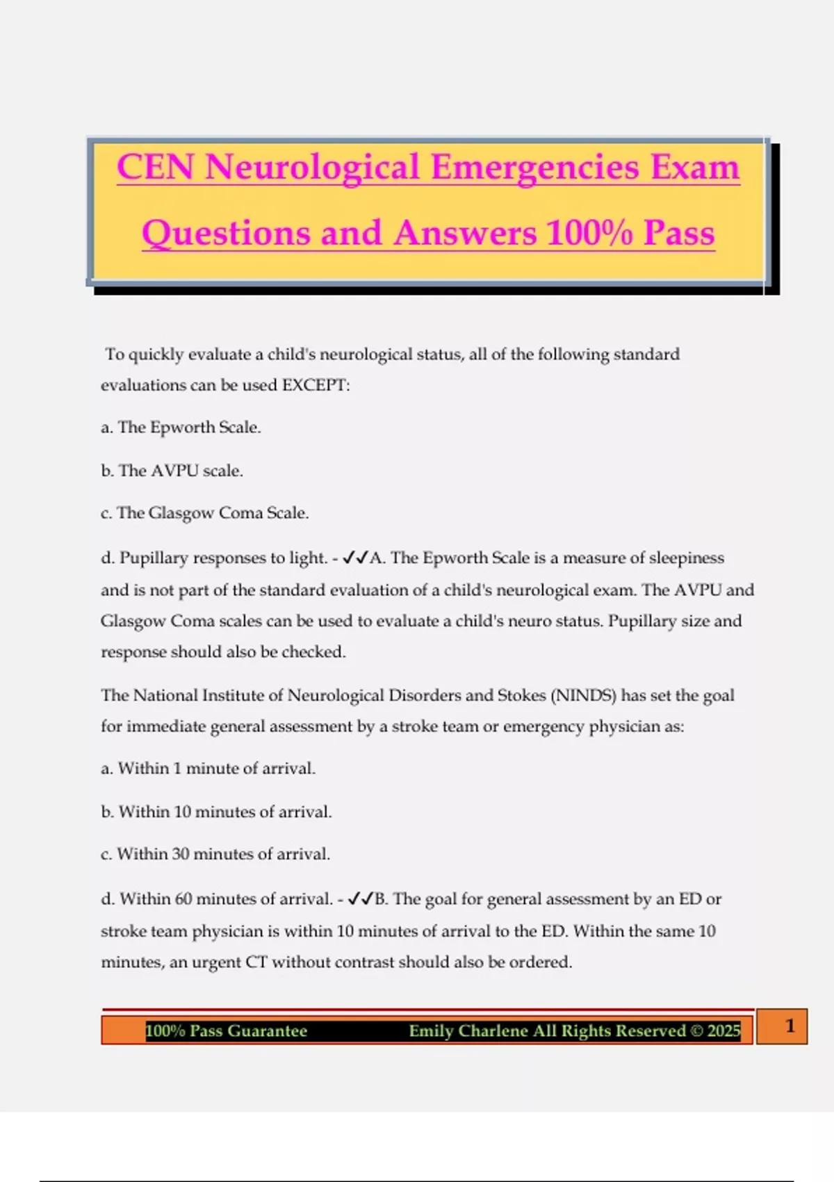 CEN Neurological Emergencies Exam Questions and Answers 100% Pass ...