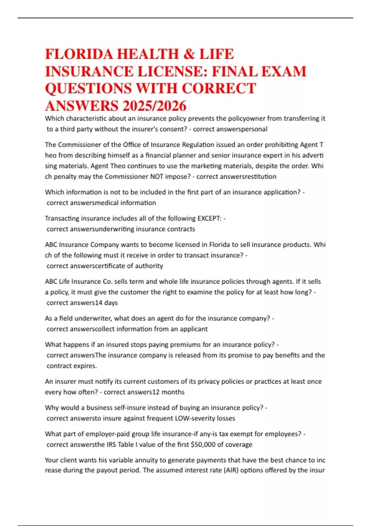 FLORIDA STATE HEALTH INSURANCE TEST QUESTIONS WITH CORRECT ANSWERS 2025 ...