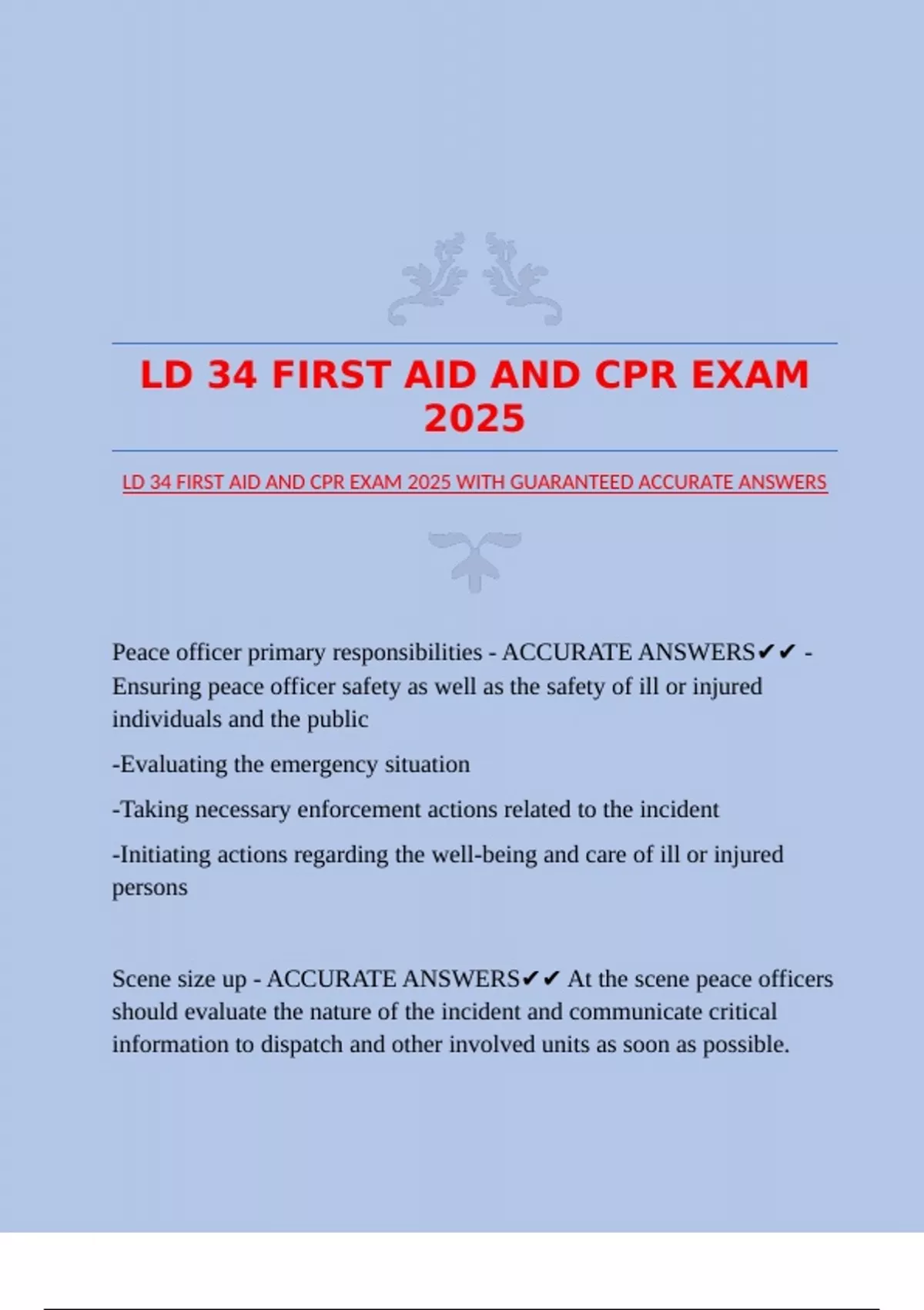 LD 34 FIRST AID AND CPR EXAM 2025 WITH GUARANTEED ACCURATE ANSWERS - LD ...