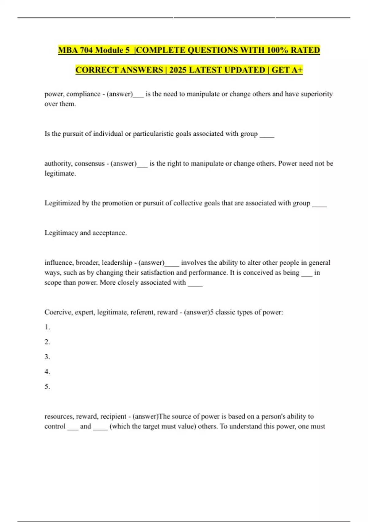 MBA 704 Module 5 |COMPLETE QUESTIONS WITH 100% RATED CORRECT ANSWERS ...