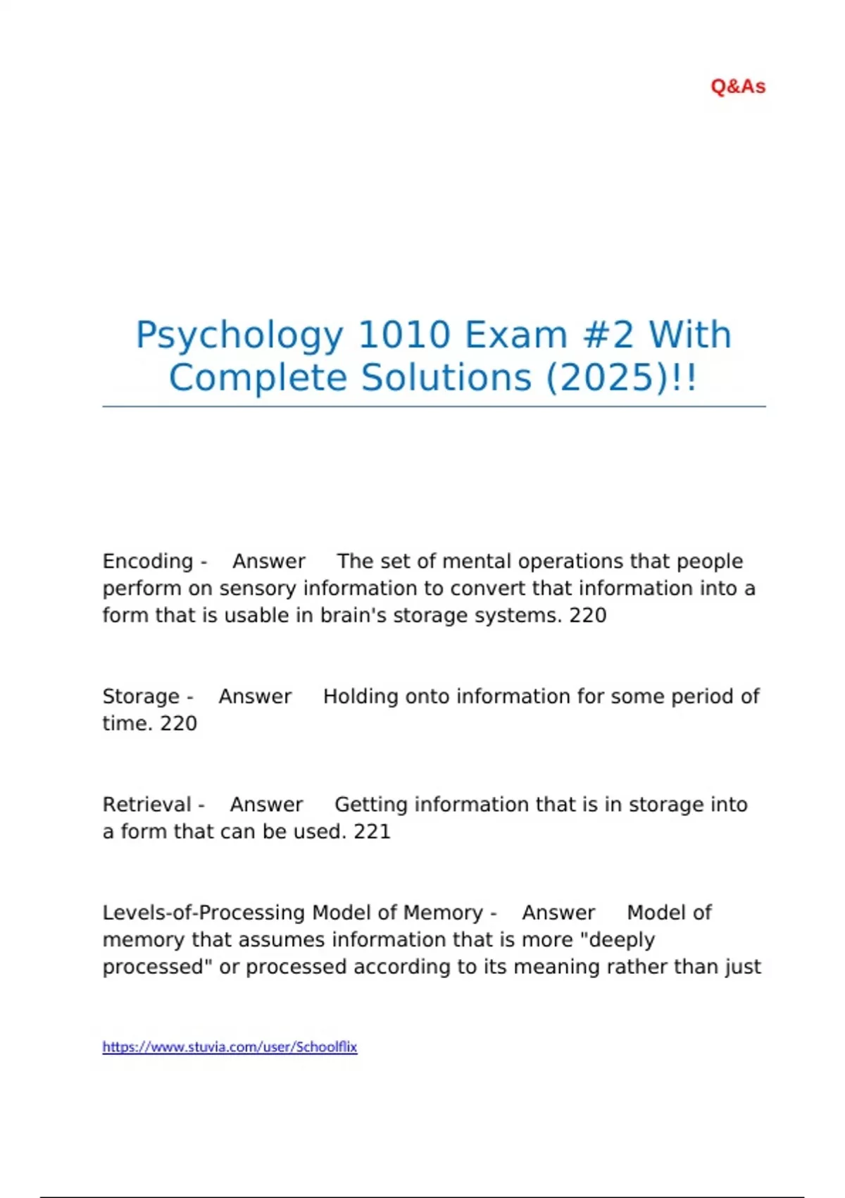 Psychology 1010 Exam -2 With Complete Solutions (2025)!! - PSY1010 ...